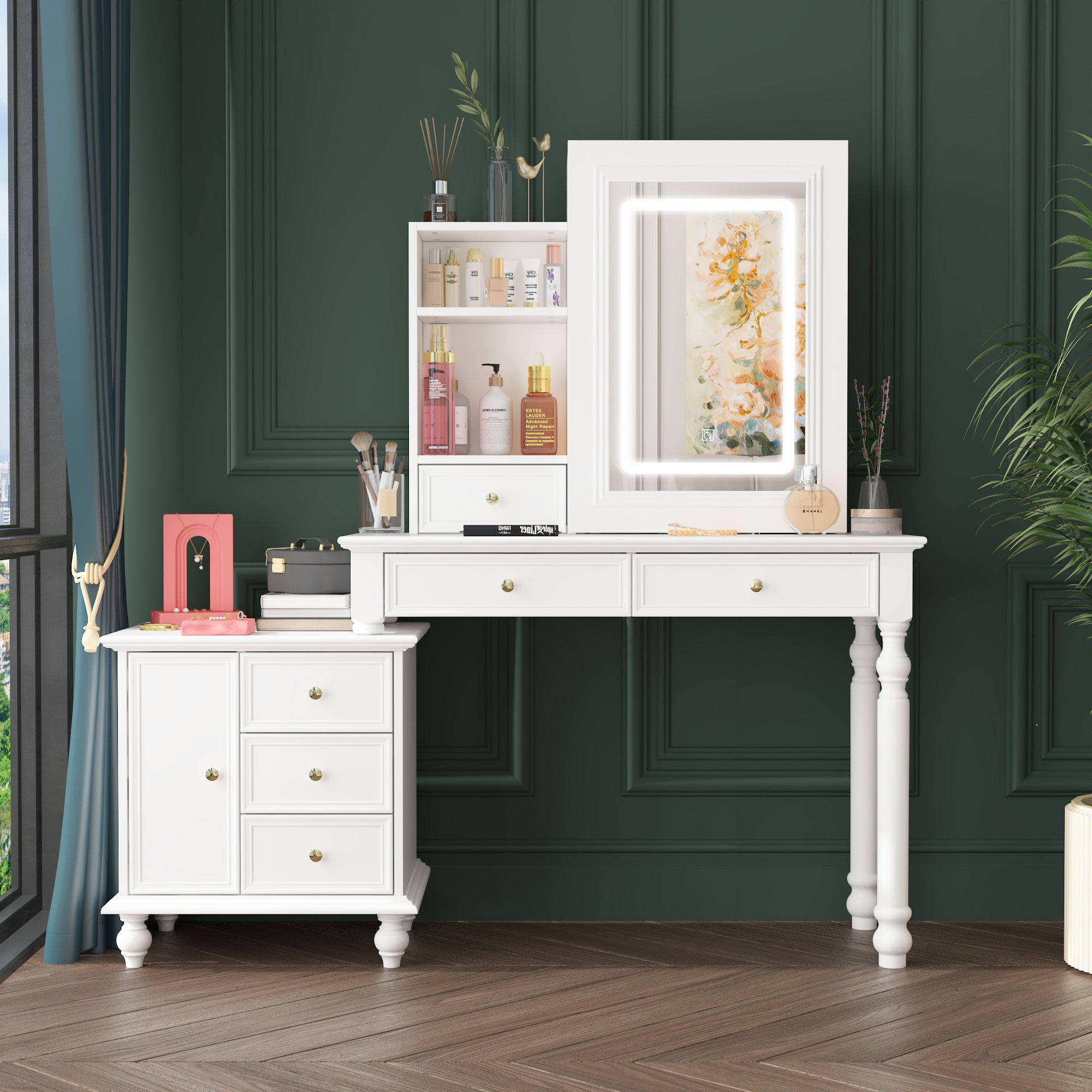 Canora Grey 76.5" Wide 5 Drawers Makeup Vanity Table With Mirror | Wayfair