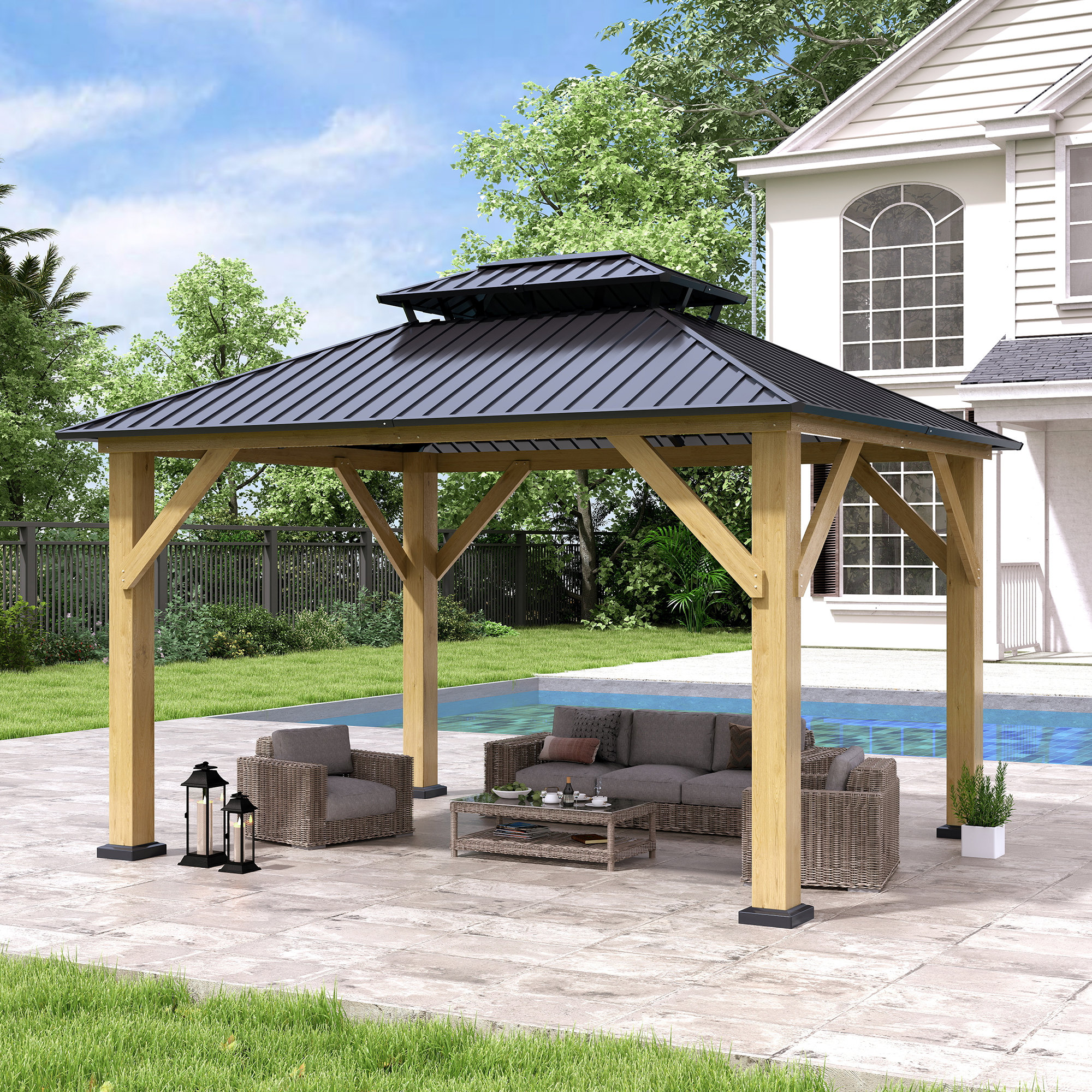 COVERONICS Outdoor Spruce Wood Gazebo with Galvanized Steel Hardtop ...