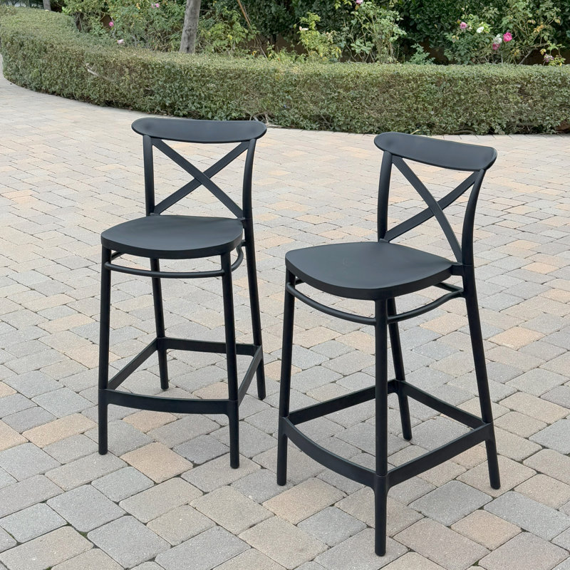 August Grove® Outdoor Counter Height Bar Stool - Noir (Set of 2) | Wayfair