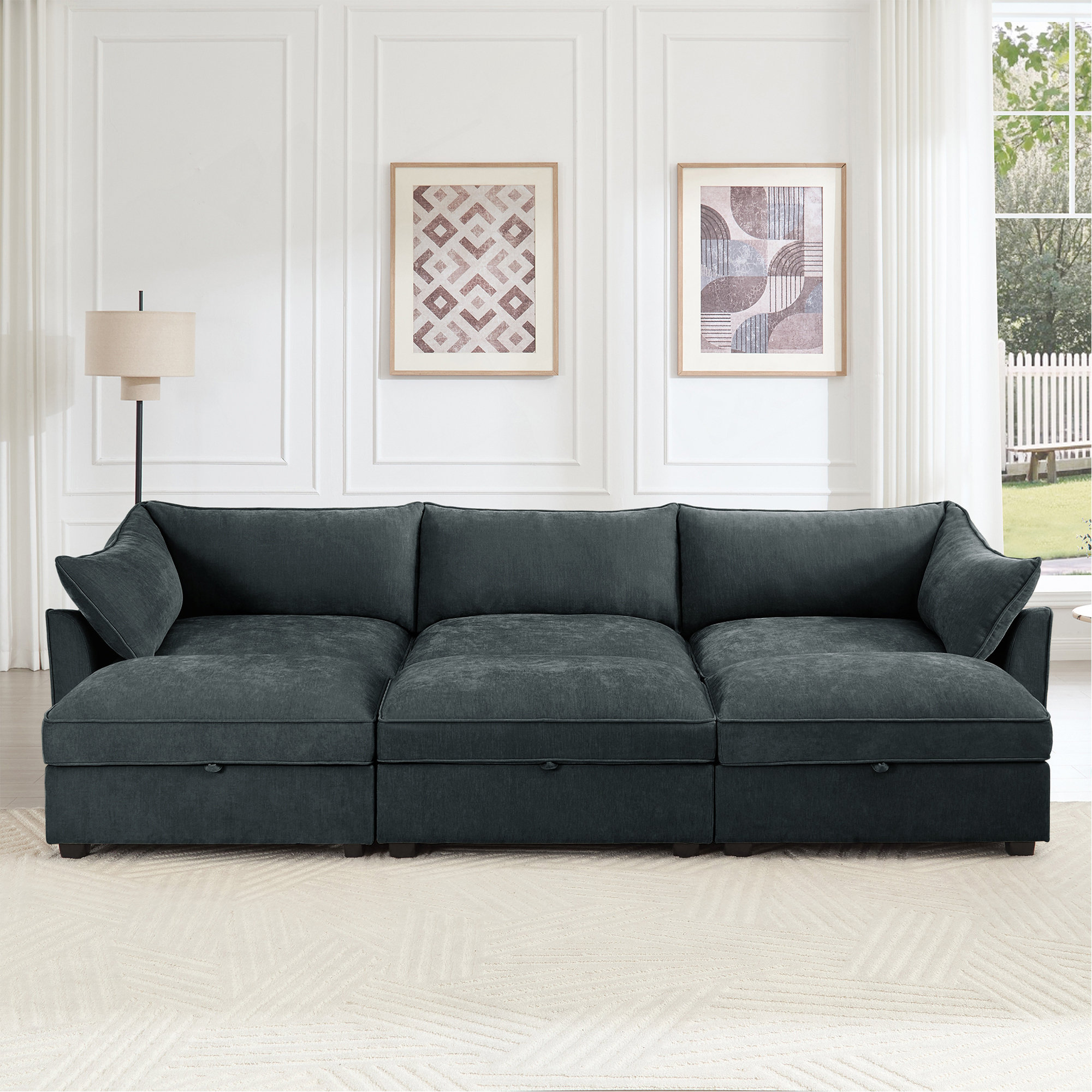 Hokku Designs 3 Seater Sofa With 3 Ottomans, Wide And Deep Seat 3-Seat ...