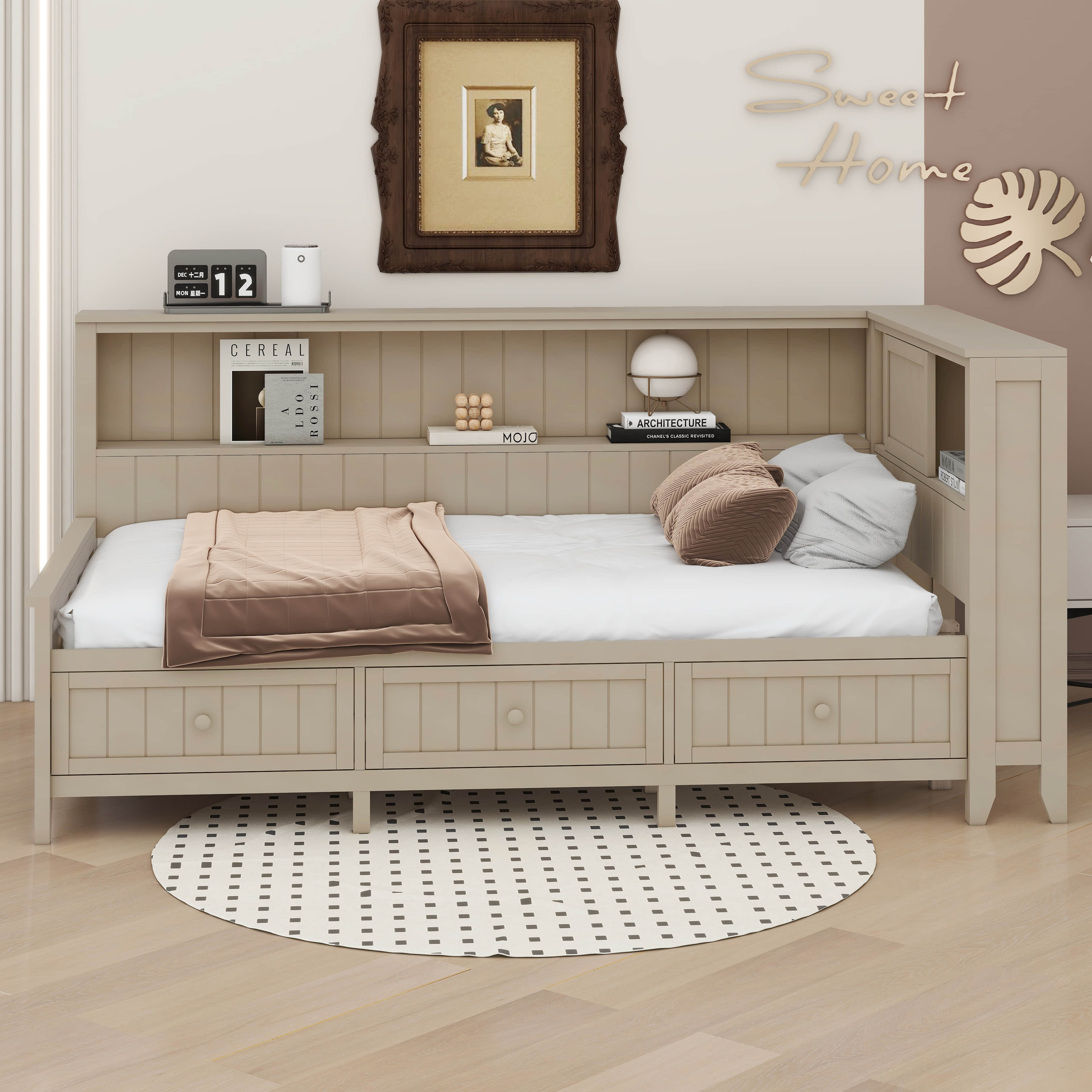 Lark Manor Twin Size Wood Daybed With Storage Shelves And 3 Drawers ...