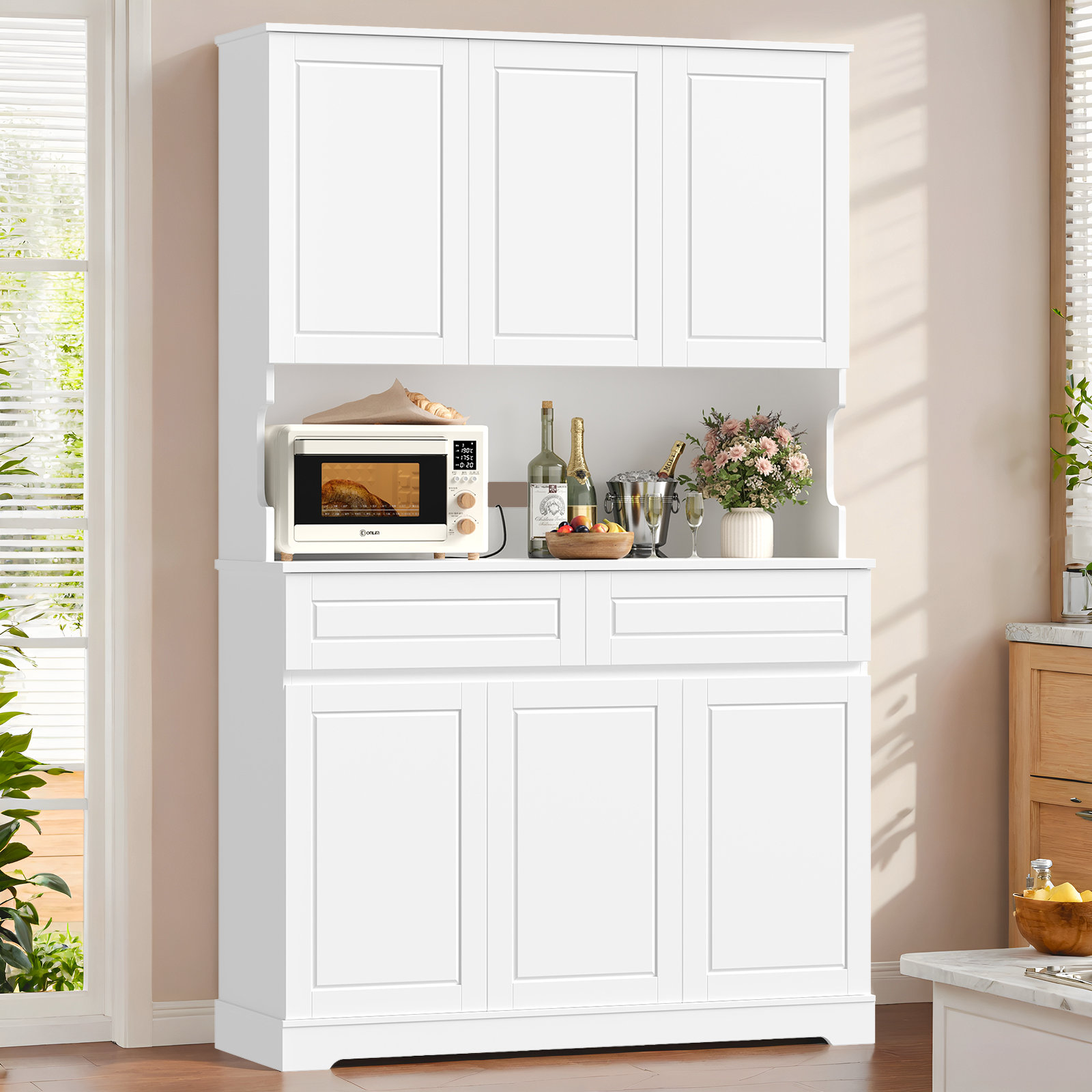 Winston Porter 74'' Wood Kitchen Pantry with Microwave Shelf and ...