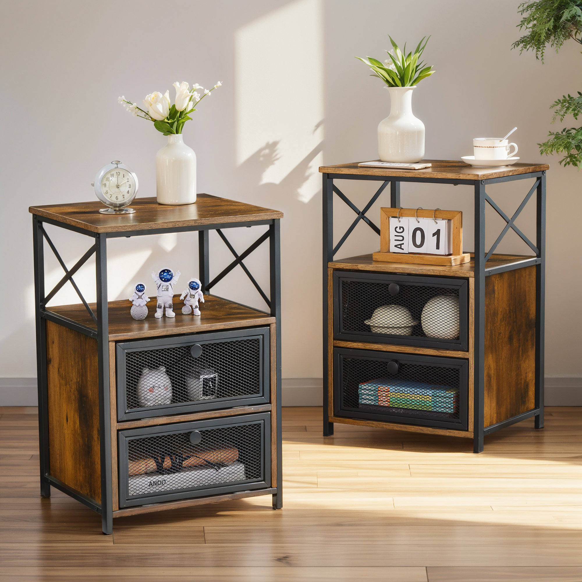 Gracie Oaks Narrow Side Table Set Of 2 With Drawer, End Table Set ...