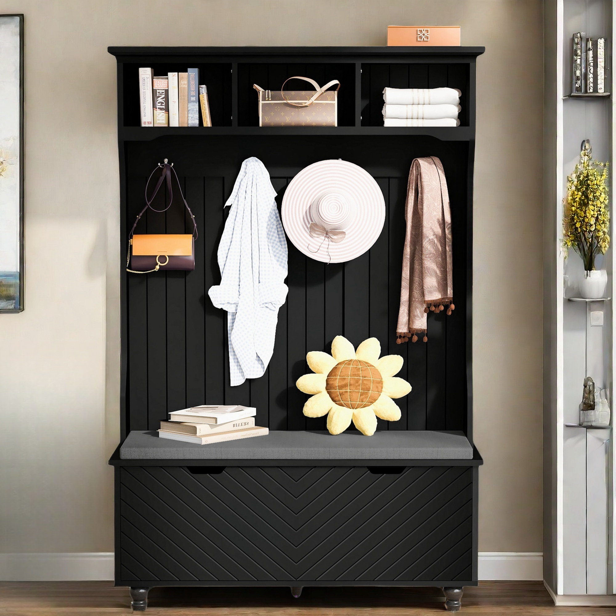 Alcott Hill® 4-In-1 Entryway Bench With Coat Rack, Cushion And 4 Sturdy ...