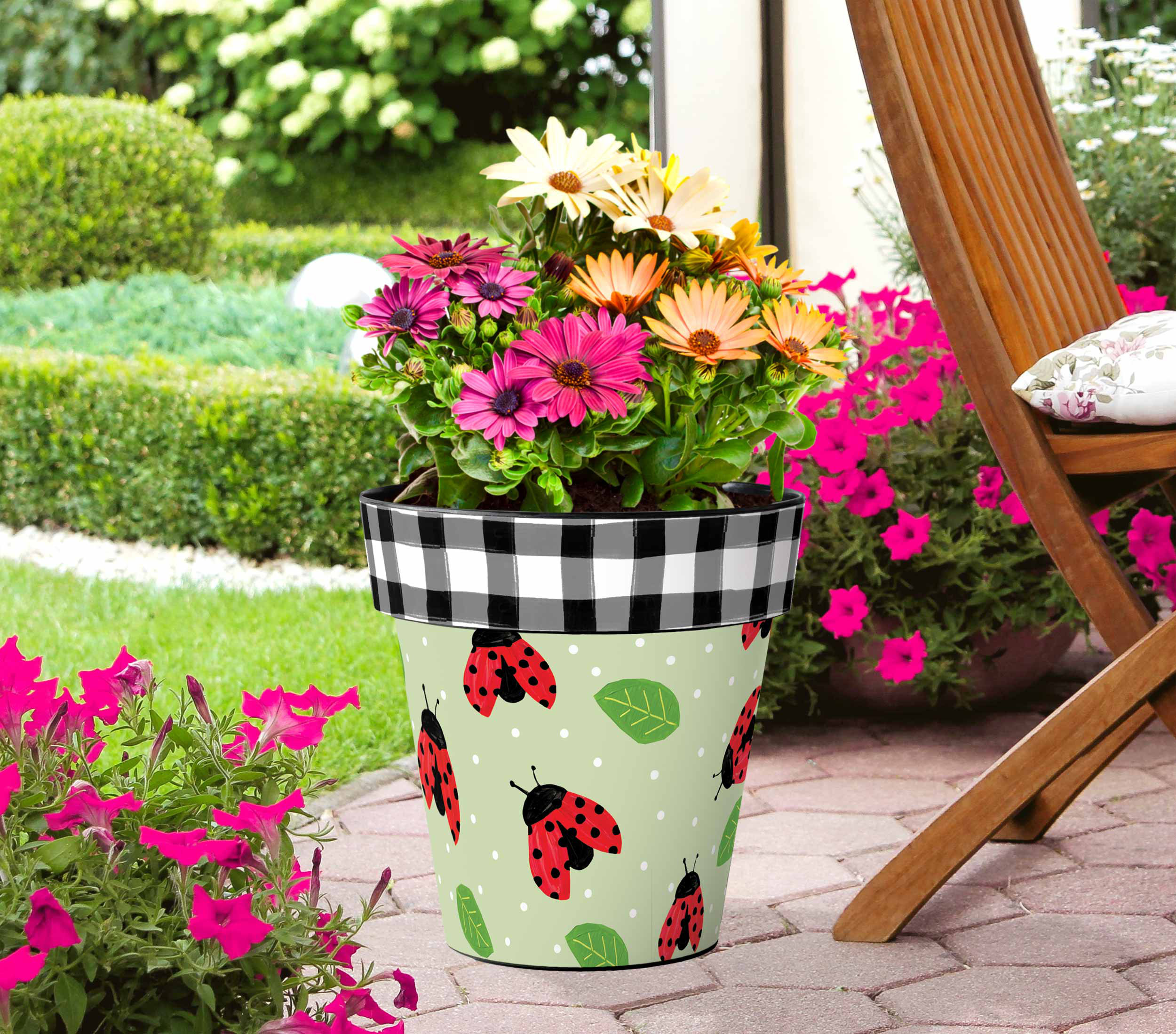 Studio M Lady Bugs And Checks Decorative 15 Inch Art Pot Planter, Fade ...