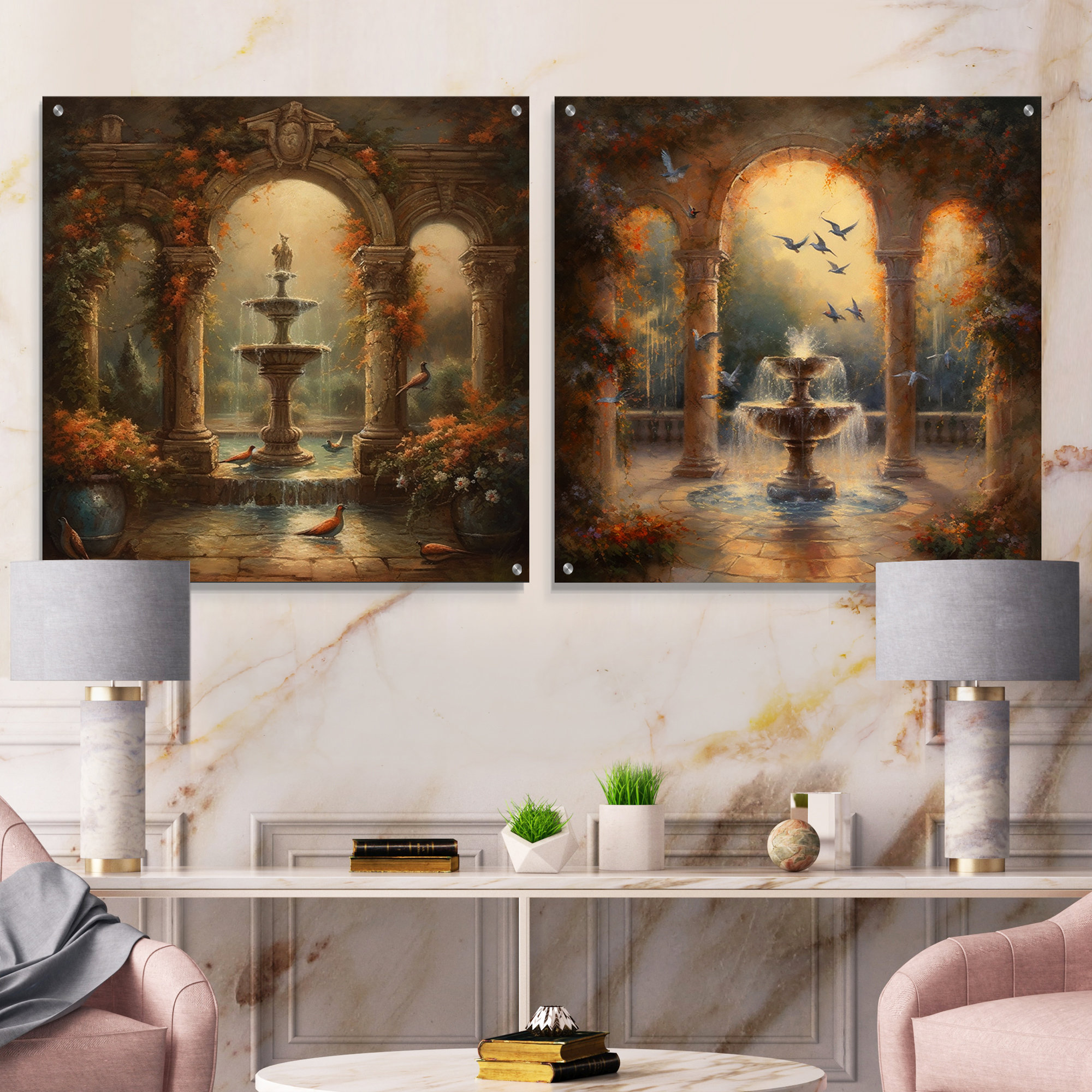 Alcott Hill® Floral Fountain And Birds V - Floral Acrylic Wall Art ...