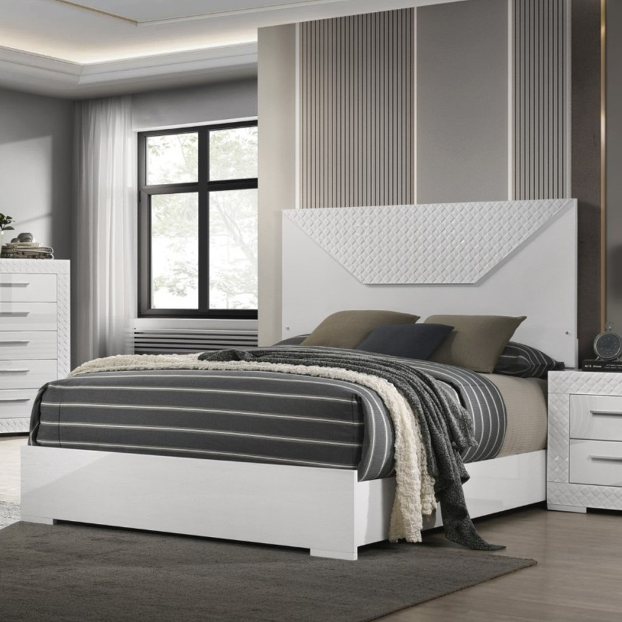 DELTA FURNITURE 3pc Bedroom Set Bed 2x Nightstands LED Headboard ...