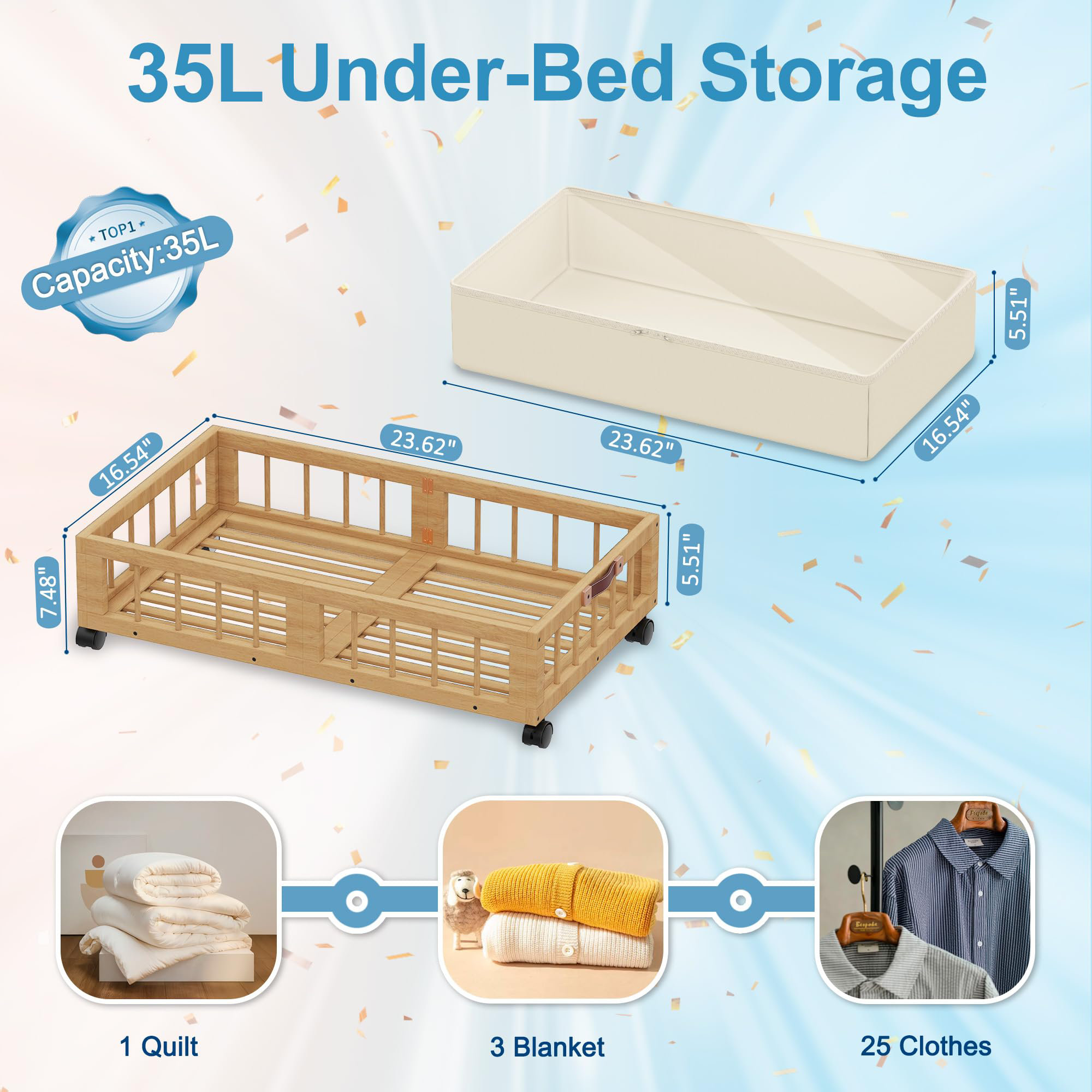 Rebrilliant 2-Pack Bamboo Under Bed Storage Containers With Wheels ...