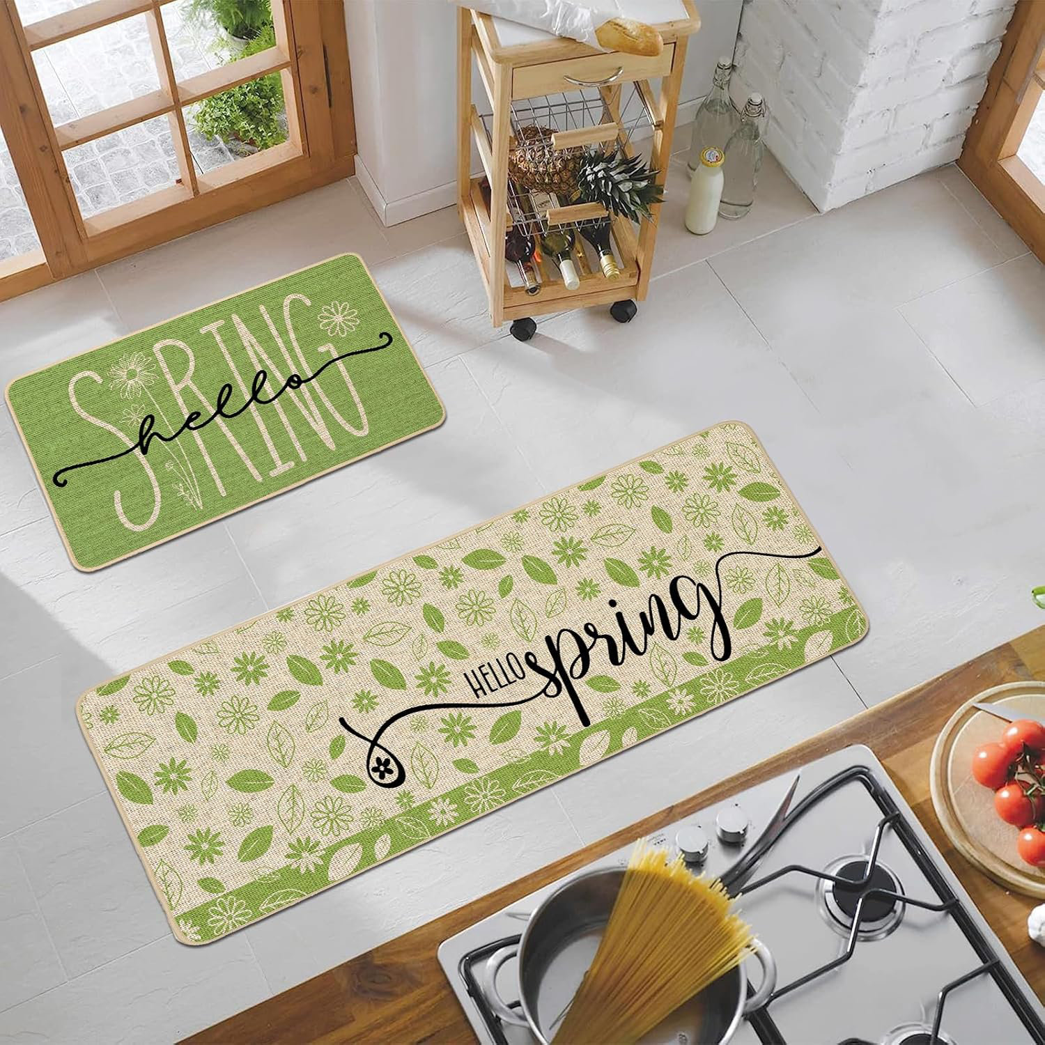 Lark Manor Spring Leaves Kitchen Mats Set of 2 Non Slip Green Leaves ...
