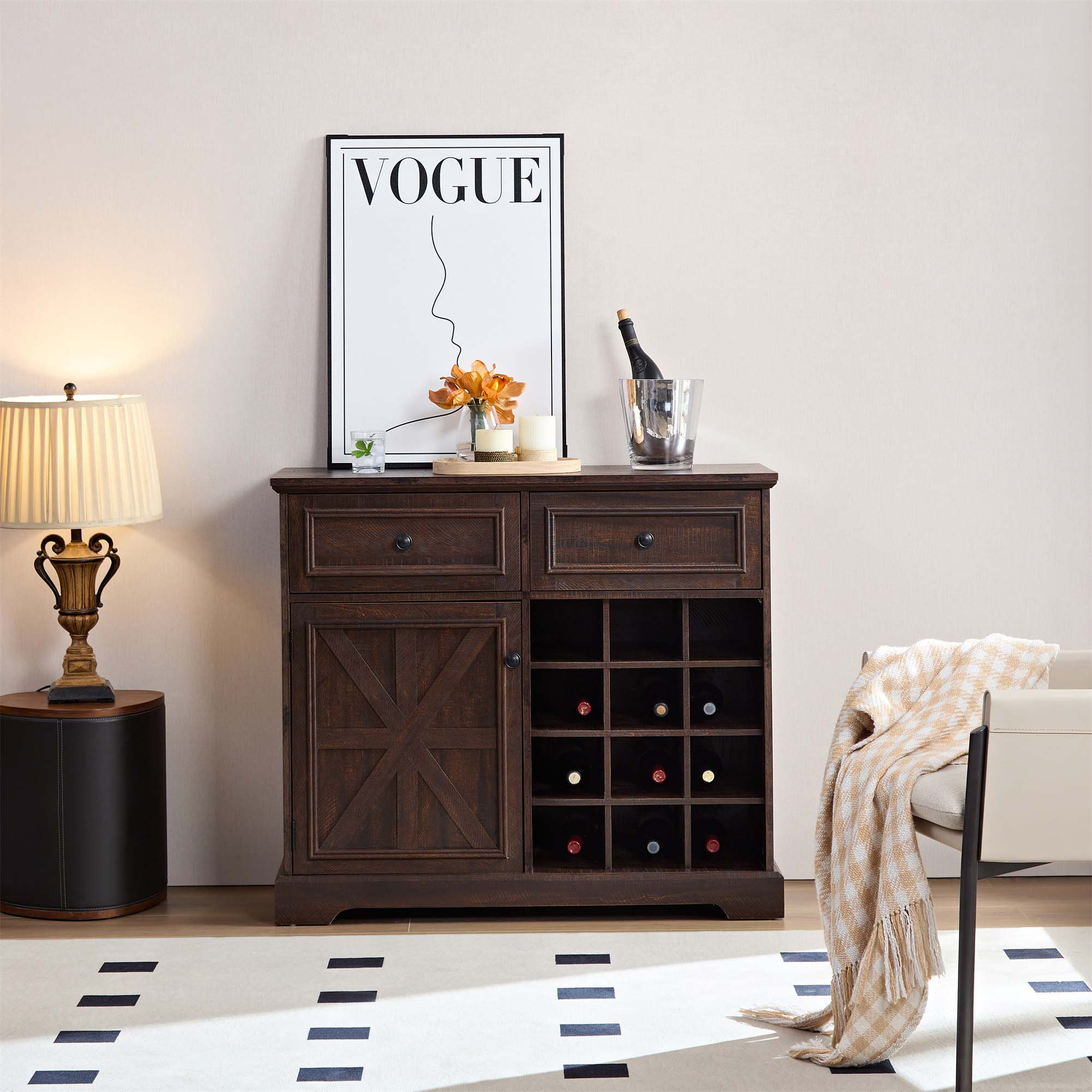 August Grove® Farmhouse Liquor Cabinet Bar Cabinet With 2 Drawers,Wine ...