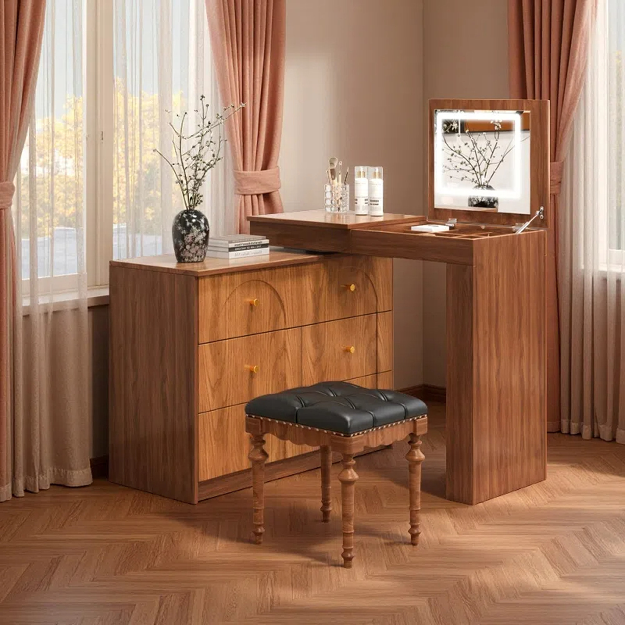 Everly Quinn Convertible L-Shape Vanity Desk With Mirror, LED Lights ...