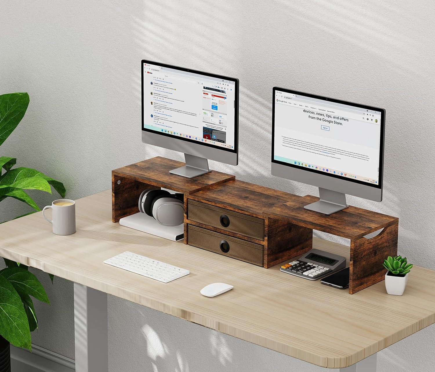 Loon Peak® Dual Monitor Stand Riser With 2 Drawers, Wood Monitor Riser ...