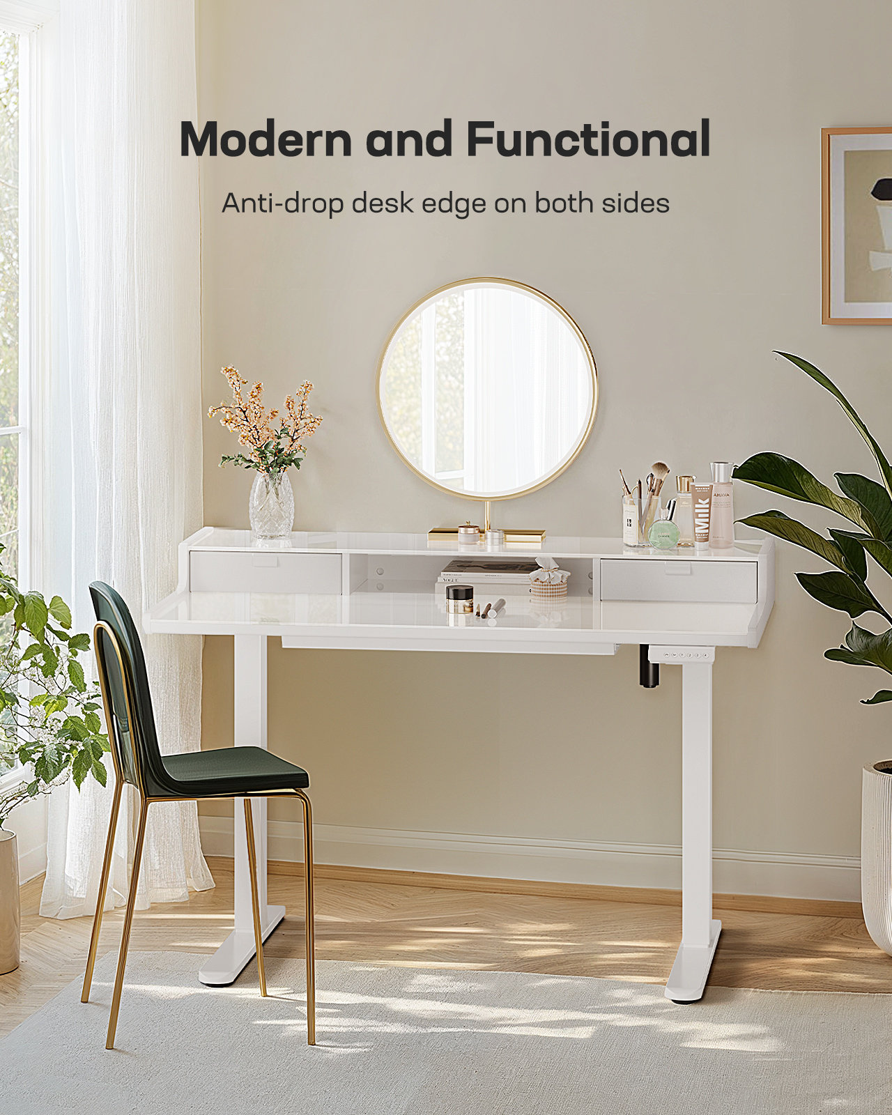 Inbox Zero Nissman Glass Height Adjustable Desk With Drawers For Home ...