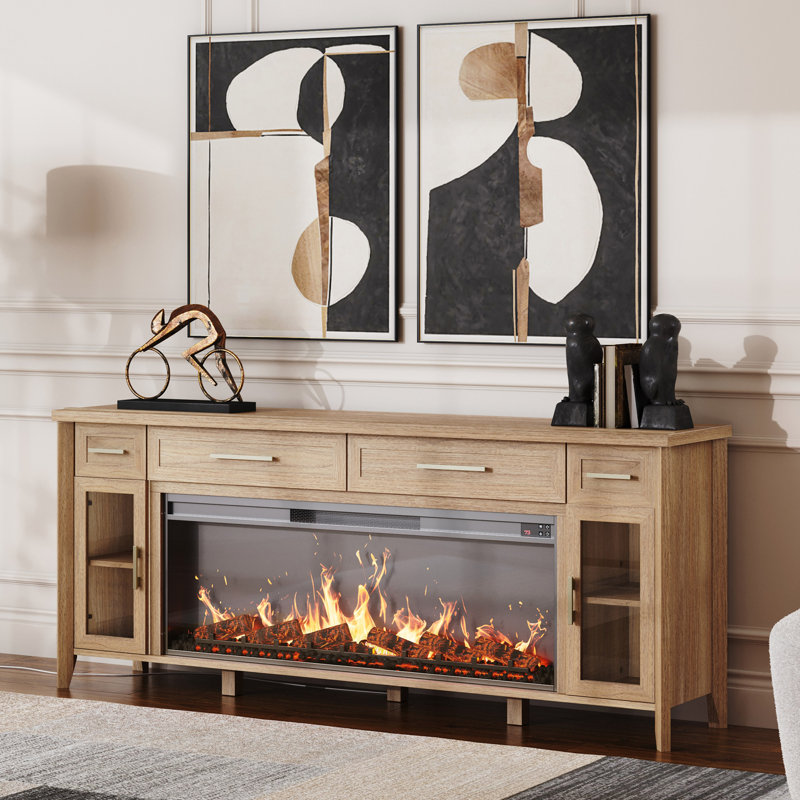 Red Barrel Studio® 74 Inch TV Stand with 48" Electric Fireplace (Camel ...