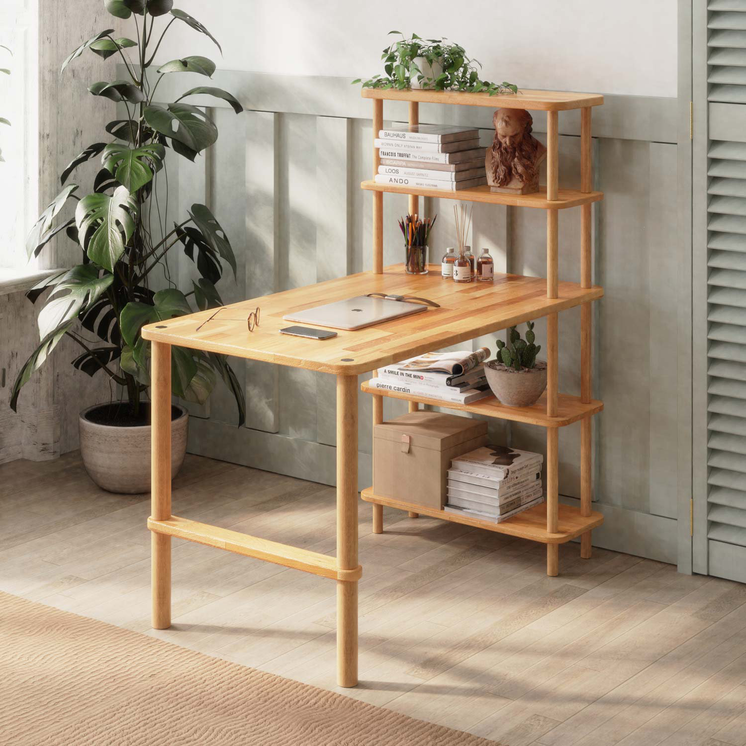 Demontha Solid Wood Computer Desk With Shelves, Minimalist Study And ...