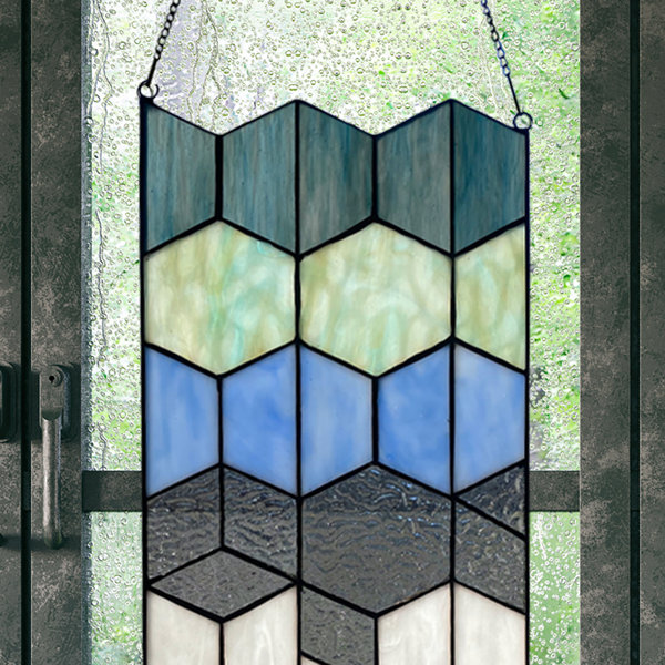 Winston Porter 16.5"H Grey & Blue Cubes Stained Glass Window Panel ...