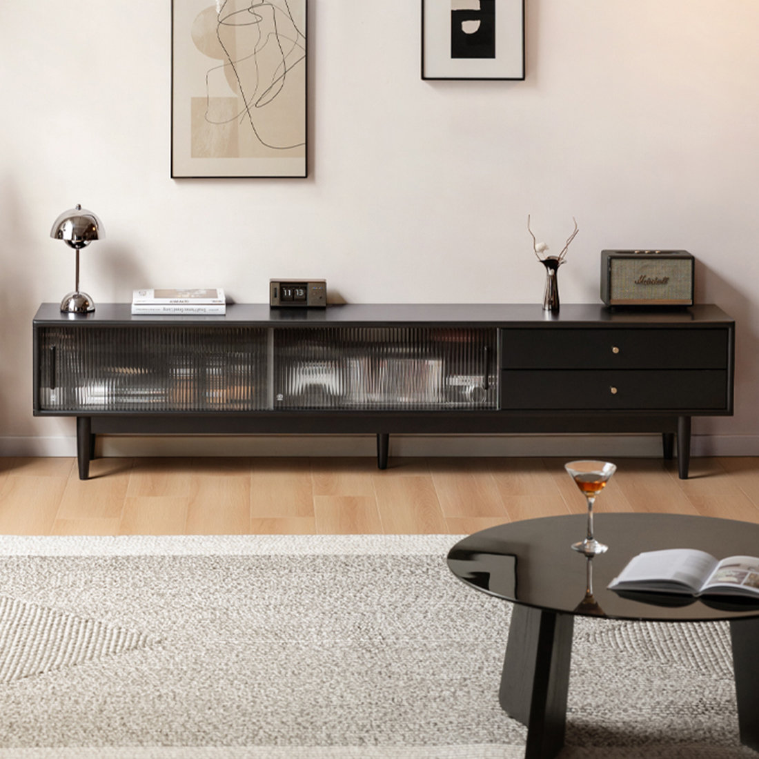 Hokku Designs Tulipwood TV Stand with Ribbed Glass Doors | Wayfair