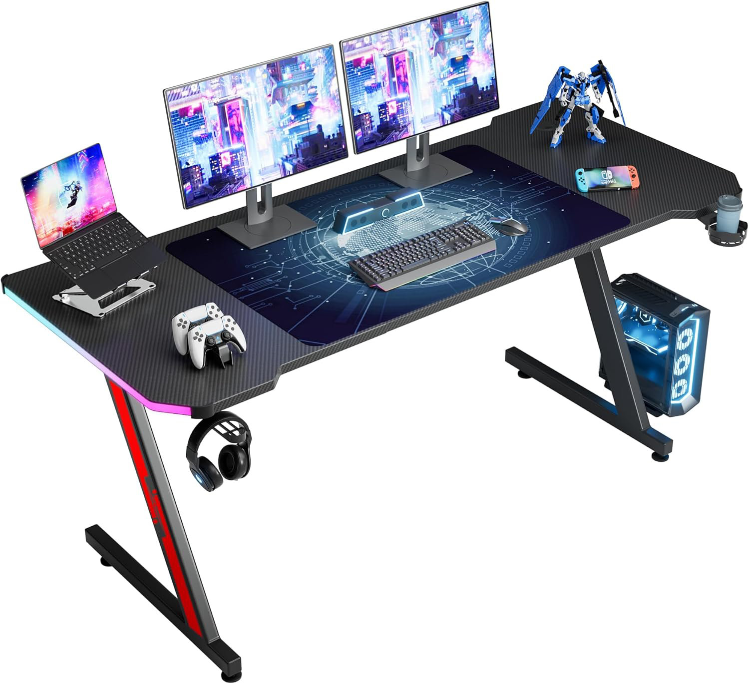 Inbox Zero Gaming Desk With Carbon Fiber Surface, Z-Shaped Base, LED ...