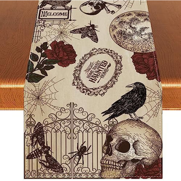 Fleur De Lis Living Linen Retro Halloween Table Runner Gothic Skull ...