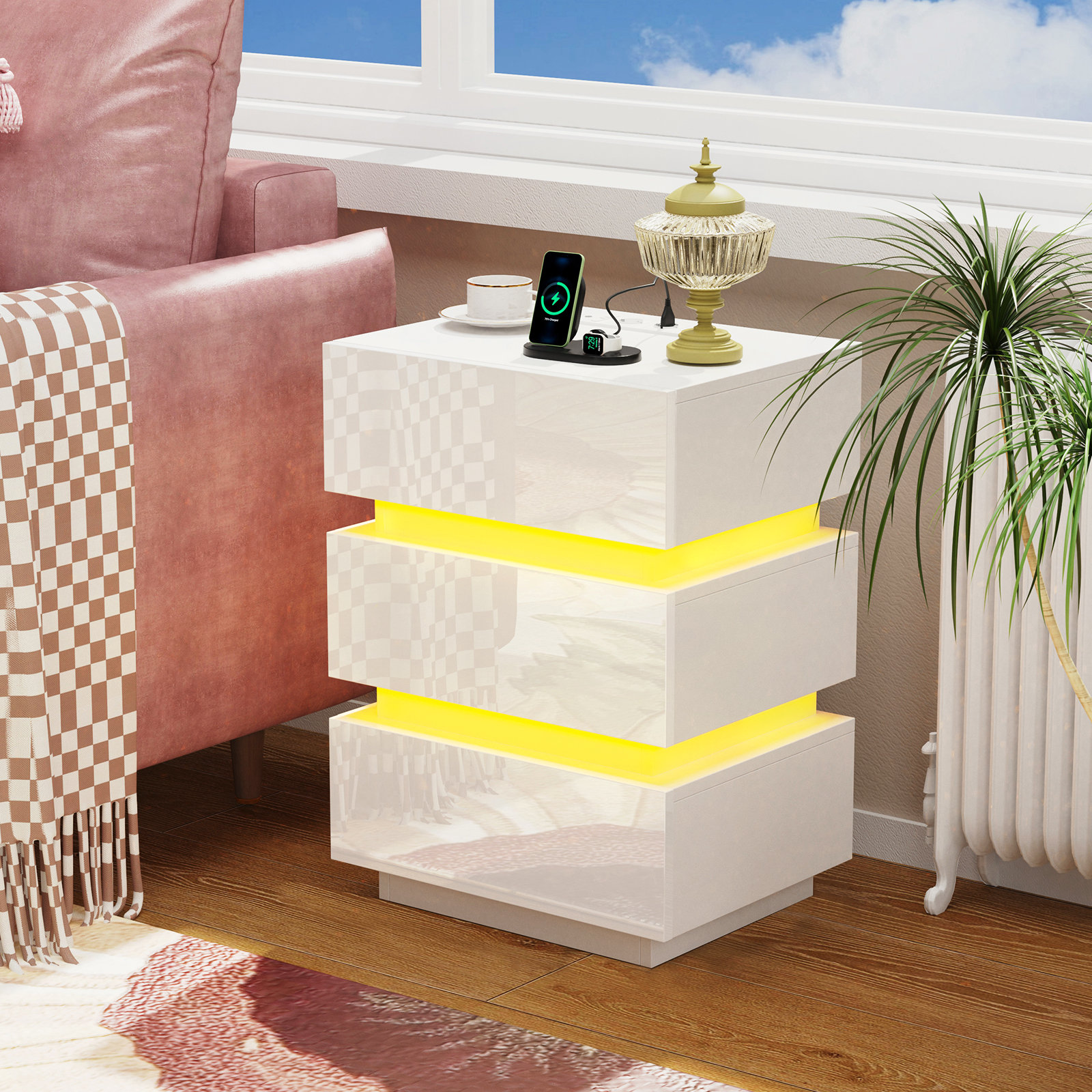 Wrought Studio LED Night Stand-Charging Station Nightstand 3Drawer USB ...