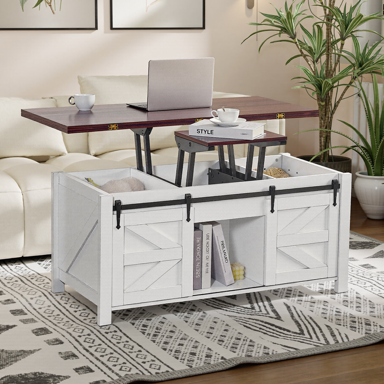 Gracie Oaks Farmhouse Lift Top Coffee Table, 3 In 1 Multi-Function ...