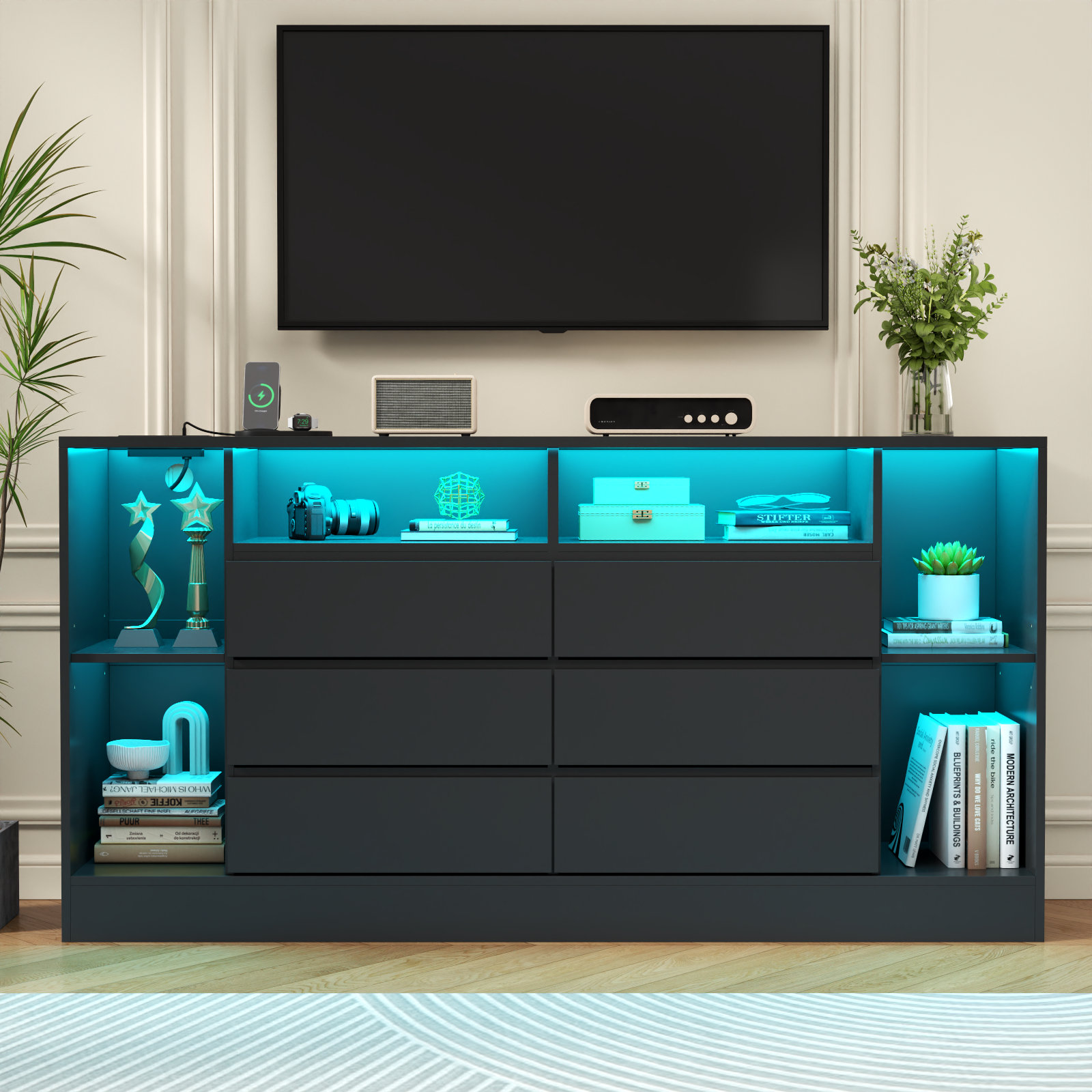 Wrought Studio™ 6 Drawers Dresser With 6 Open Storage Cubbies, Led ...