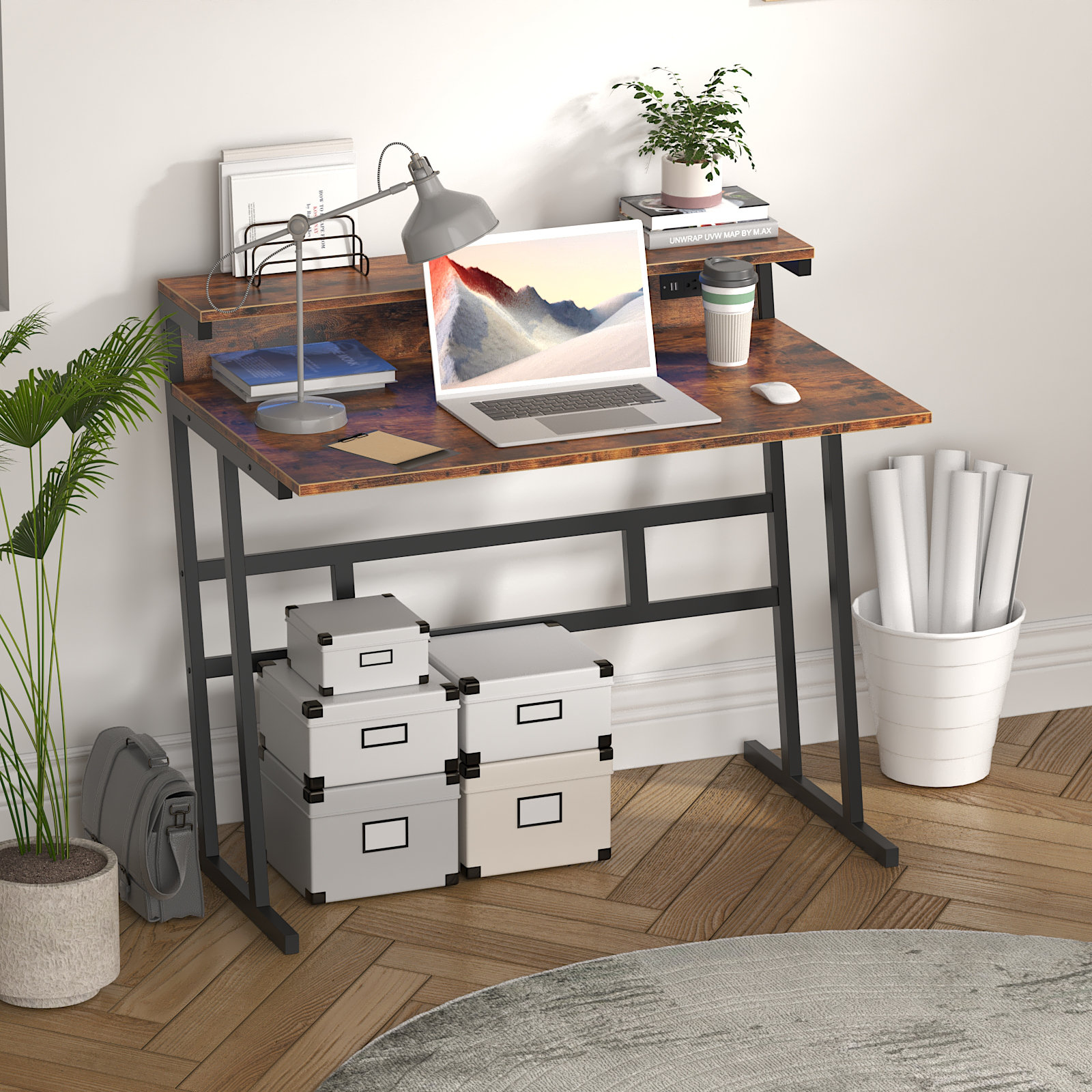 17 Stories Small Computer Desk,Computer Desk with Power Outlets & Led ...