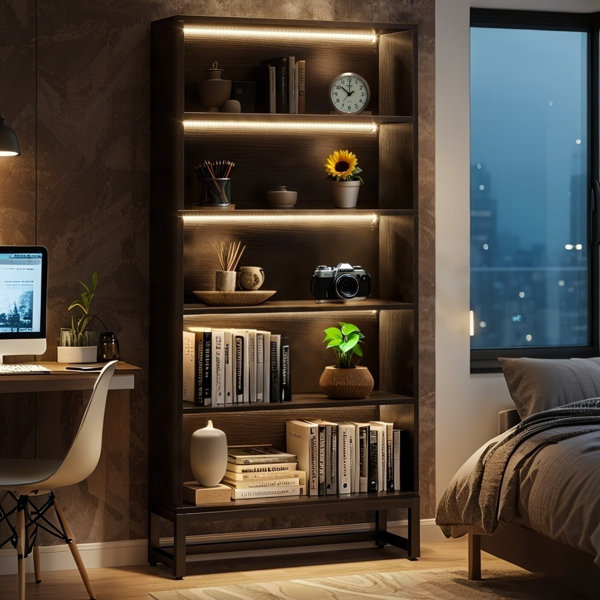 George Oliver 70.9" Bookcase with LED Light Strip, Large Bookshelf ...