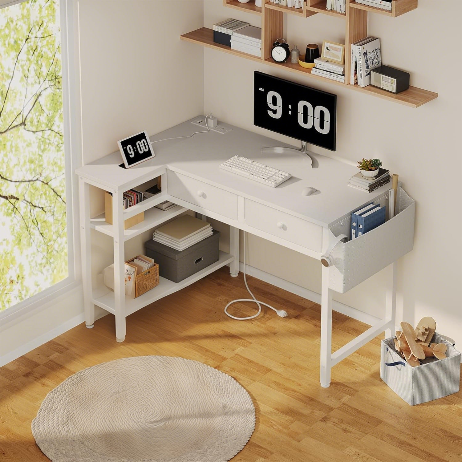 Home L-Shaped Corner Computer Desk With Drawers And Shelves For Small ...
