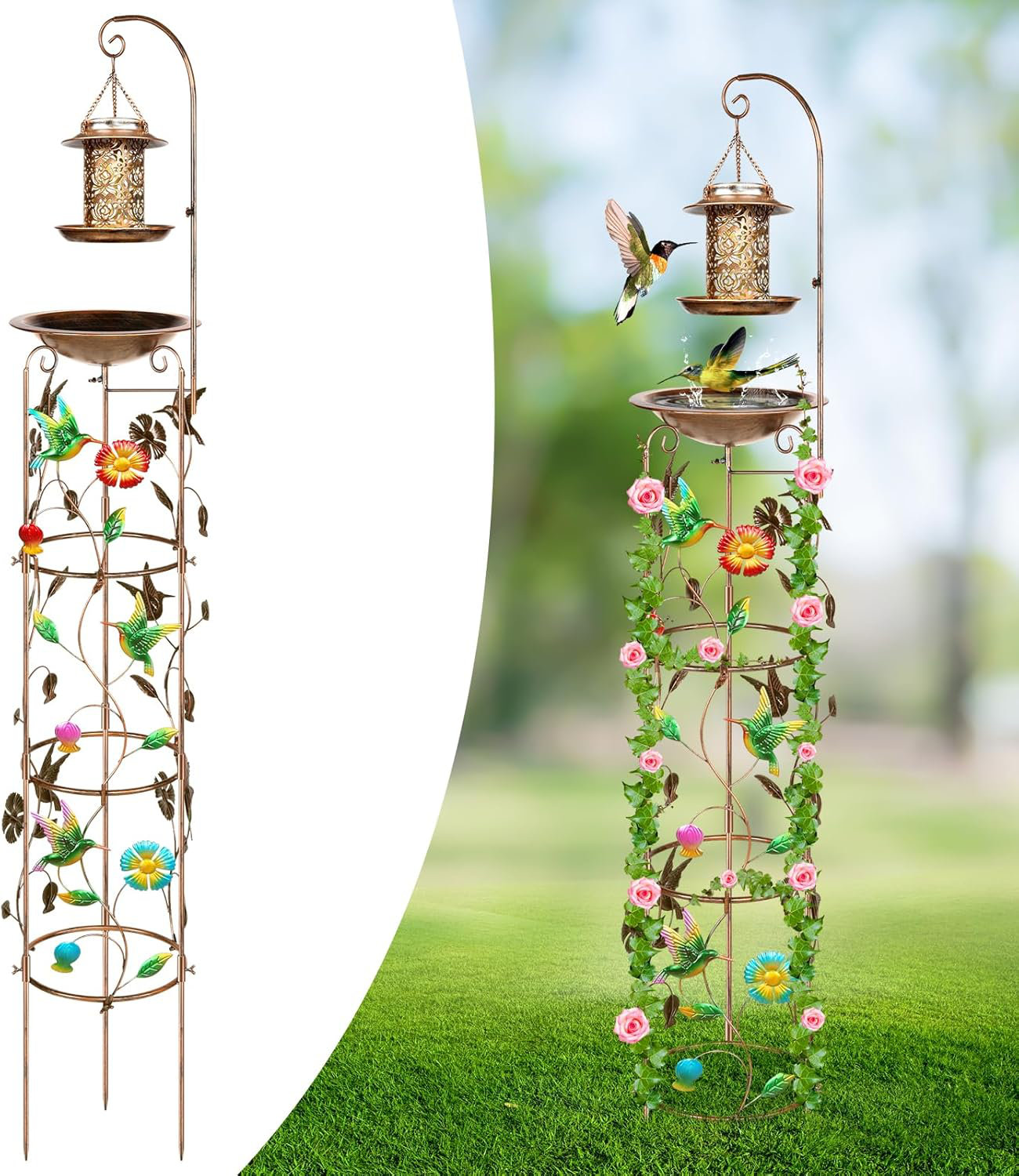 Arlmont & Co. 71" Antique Iron Garden Trellis With Solar Bird Bath ...