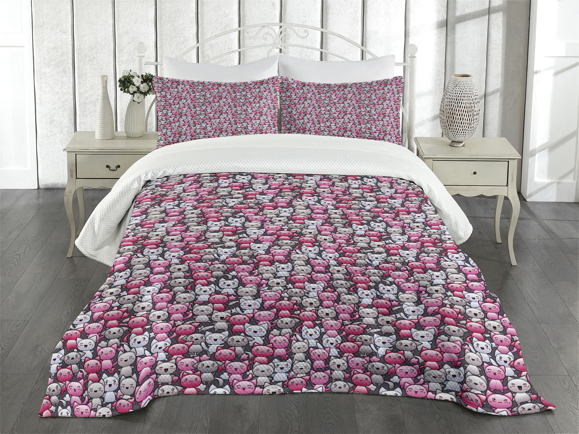 Ambesonne Cat Bedspread Set Kawaii Doodle Humor Pink Tan Lilac | Wayfair