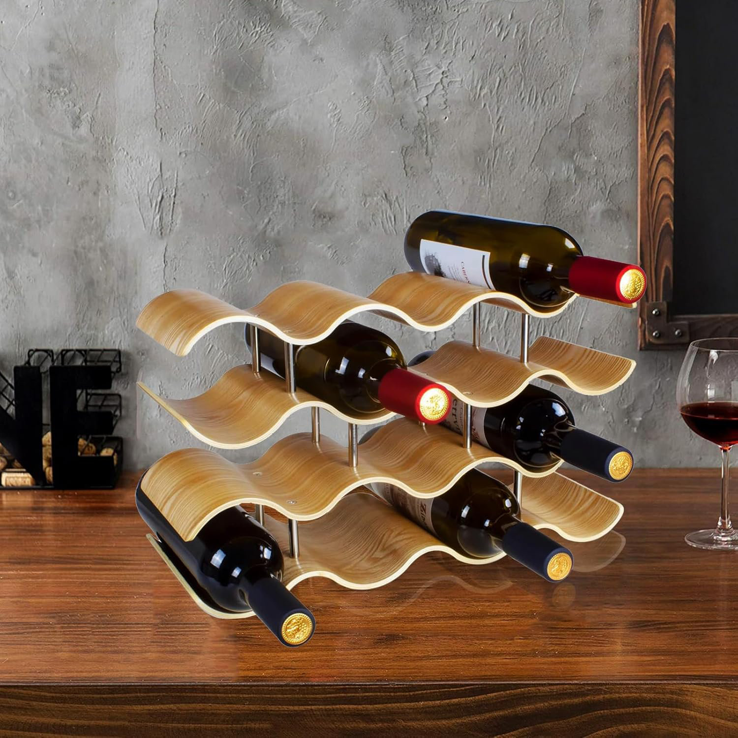 Mint Pantry® 4 Tier Wooden Wave Wine Rack, Table Top Wine Storage, 14 ...