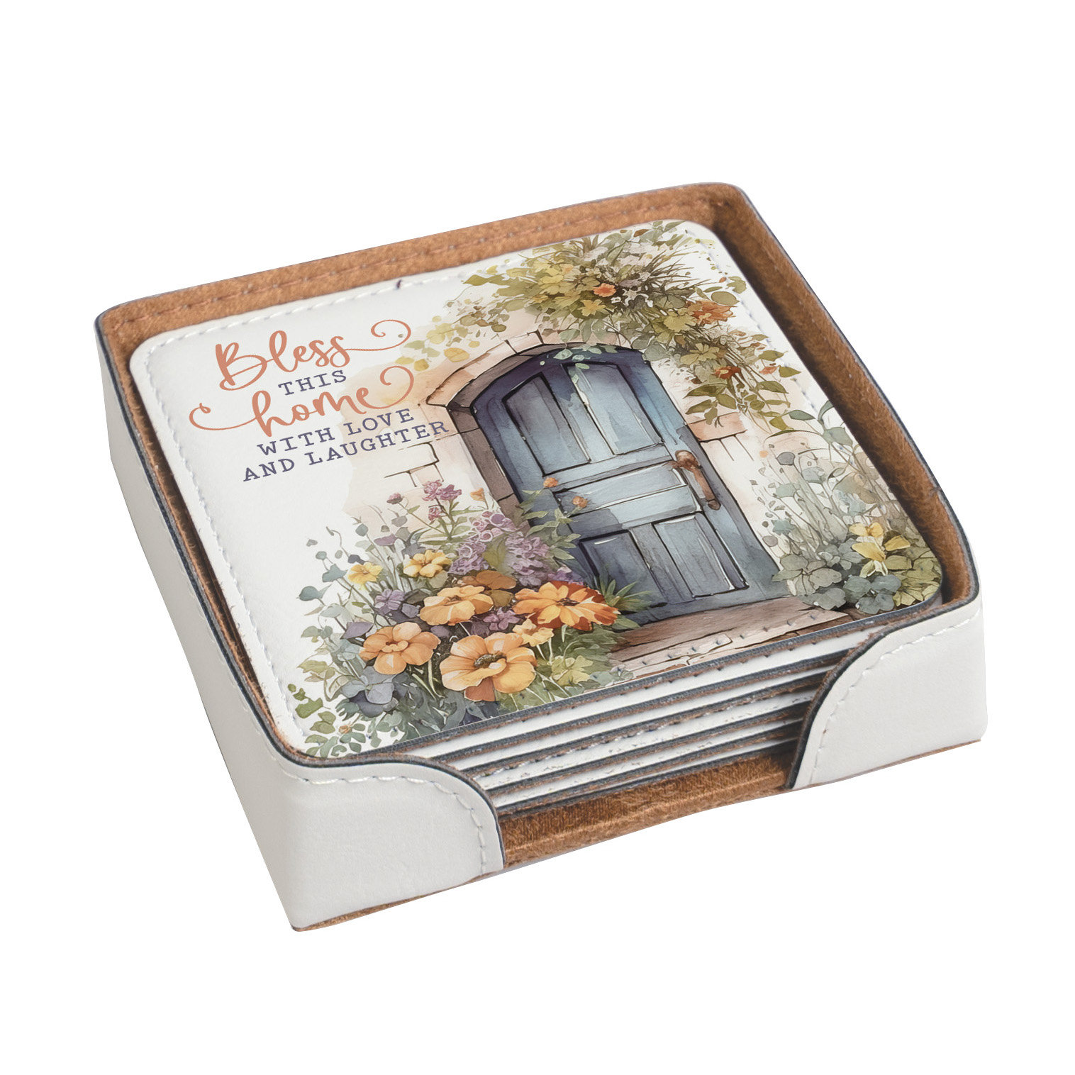 August Grove® Leather Square 4 Piece Coaster Set With Holder | Wayfair