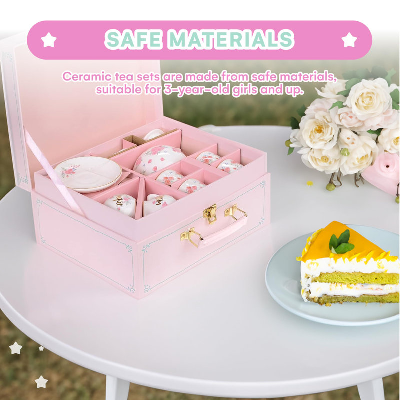 Astoria Grand Porcelain Tea Set Tea Set With Pink Picnic Basket - Real ...