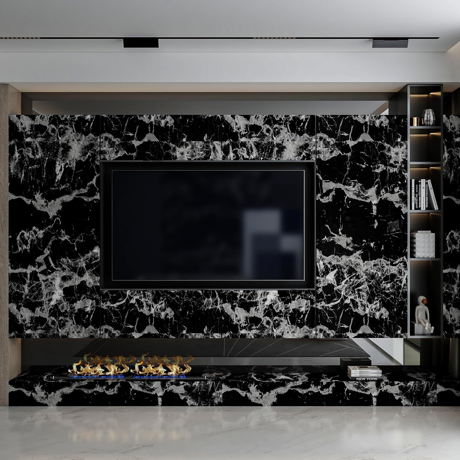 Ivy Bronx Peel And Stick Glossy Black Marble Contact Paper - Waterproof ...