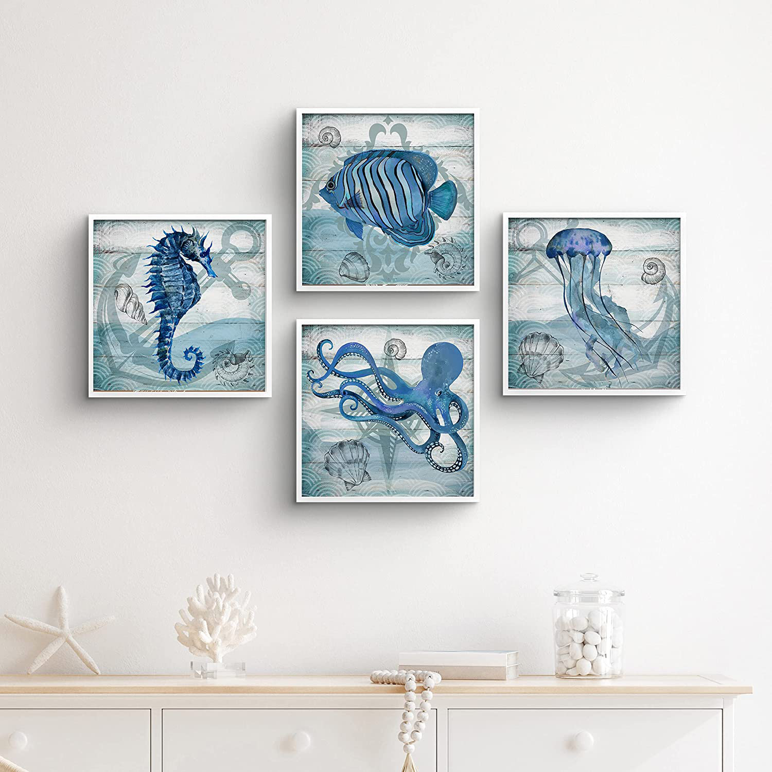 SIGNLEADER Octopus/Clownfish/Jellyfish/Sea Horse Nautical Blue Rustic ...