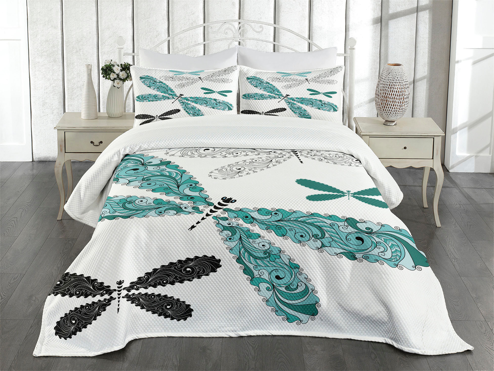 Ambesonne Dragonfly Bedspread Set Ornate Damask Teal Turquoise Black ...