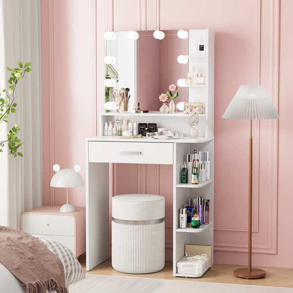 Ebern Designs Makeup Vanity Desk With Mirror And Lights, With Large ...