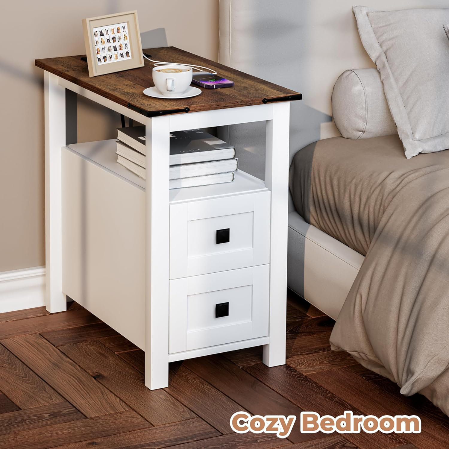 Winston Porter Farmhouse Nightstand with Charging Station and 2 Storage ...