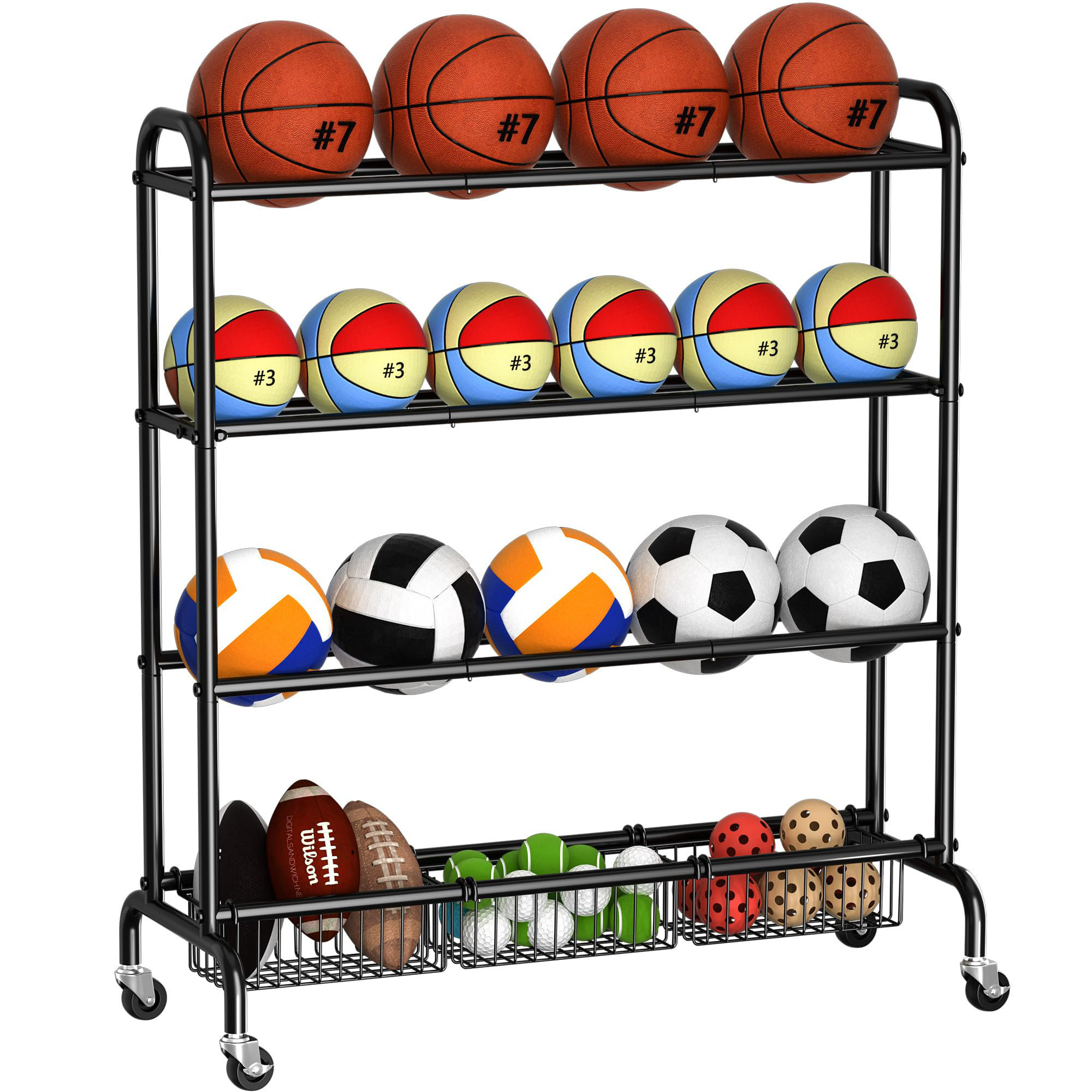 Rebrilliant Adjustable Basketball Storage Rack With 4 Layers, 3 Baskets ...