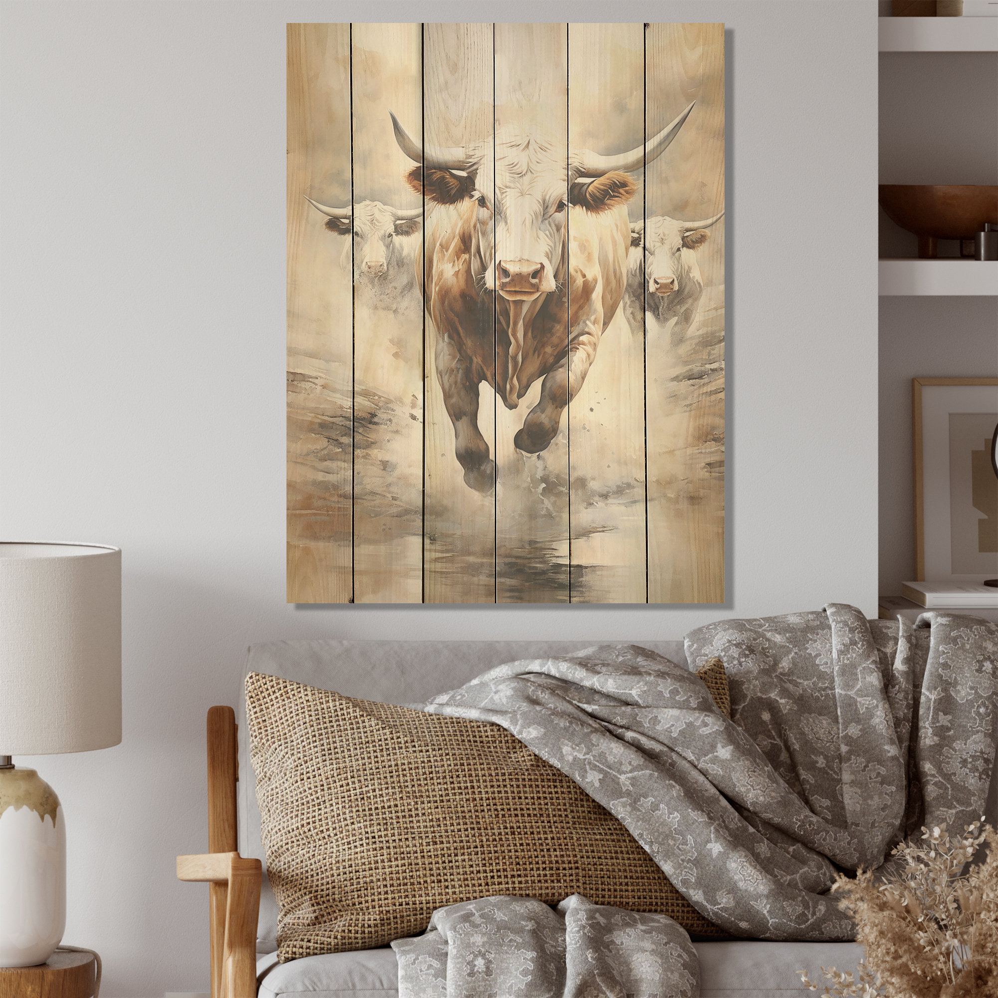 August Grove® Beige Cattle Stampede - Cattle Wood Wall Art On Natural ...