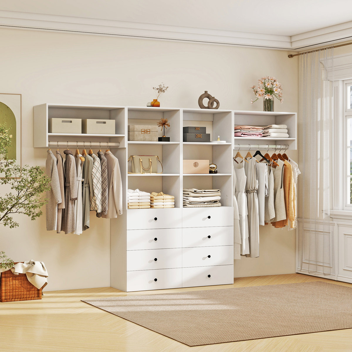 Latitude Run® White Wood Modular Closet Organizer System with 2 rods,8 ...