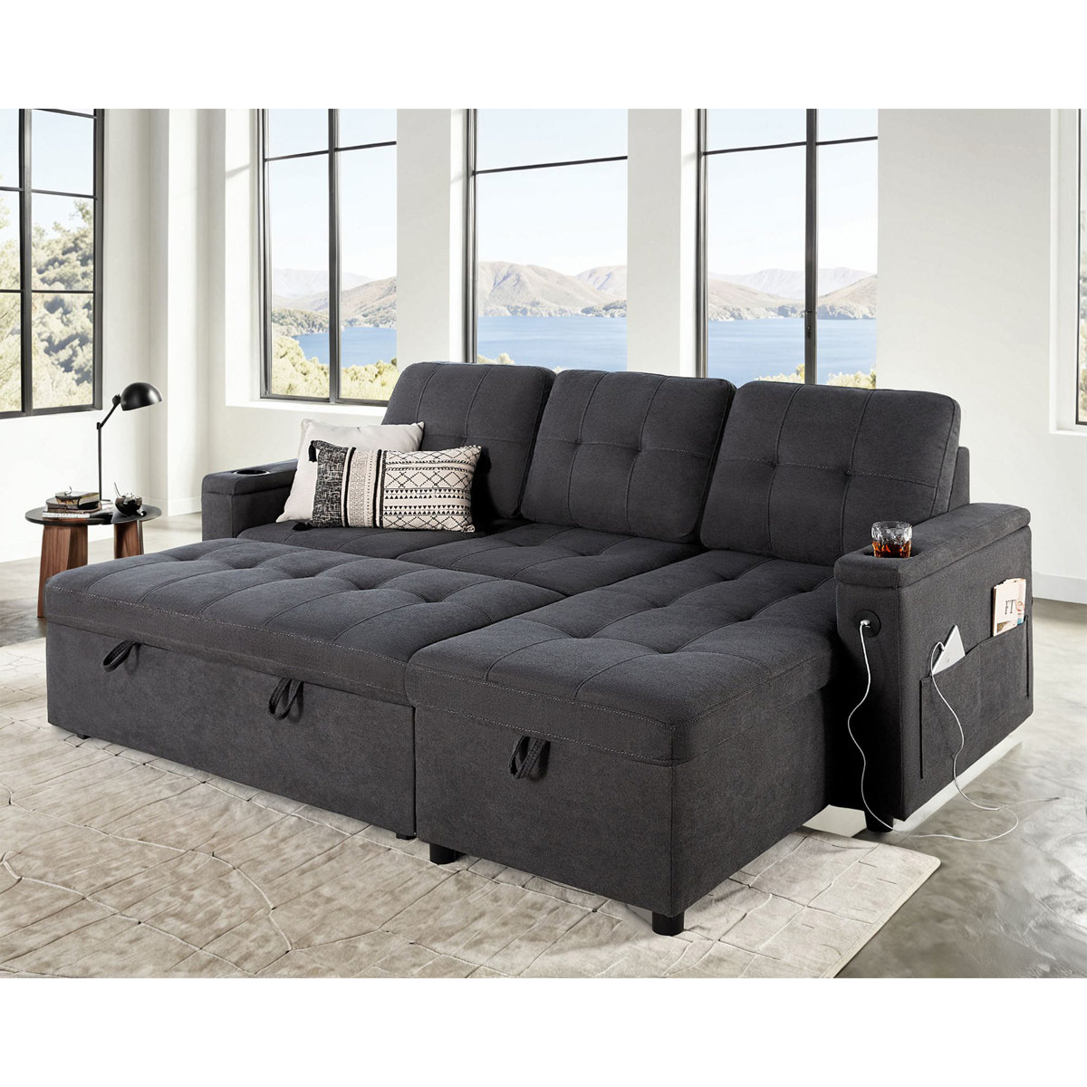 Latitude Run® 84 Inch Pull-Out Sleeper Sofa With Storage Chaise, Tufted ...