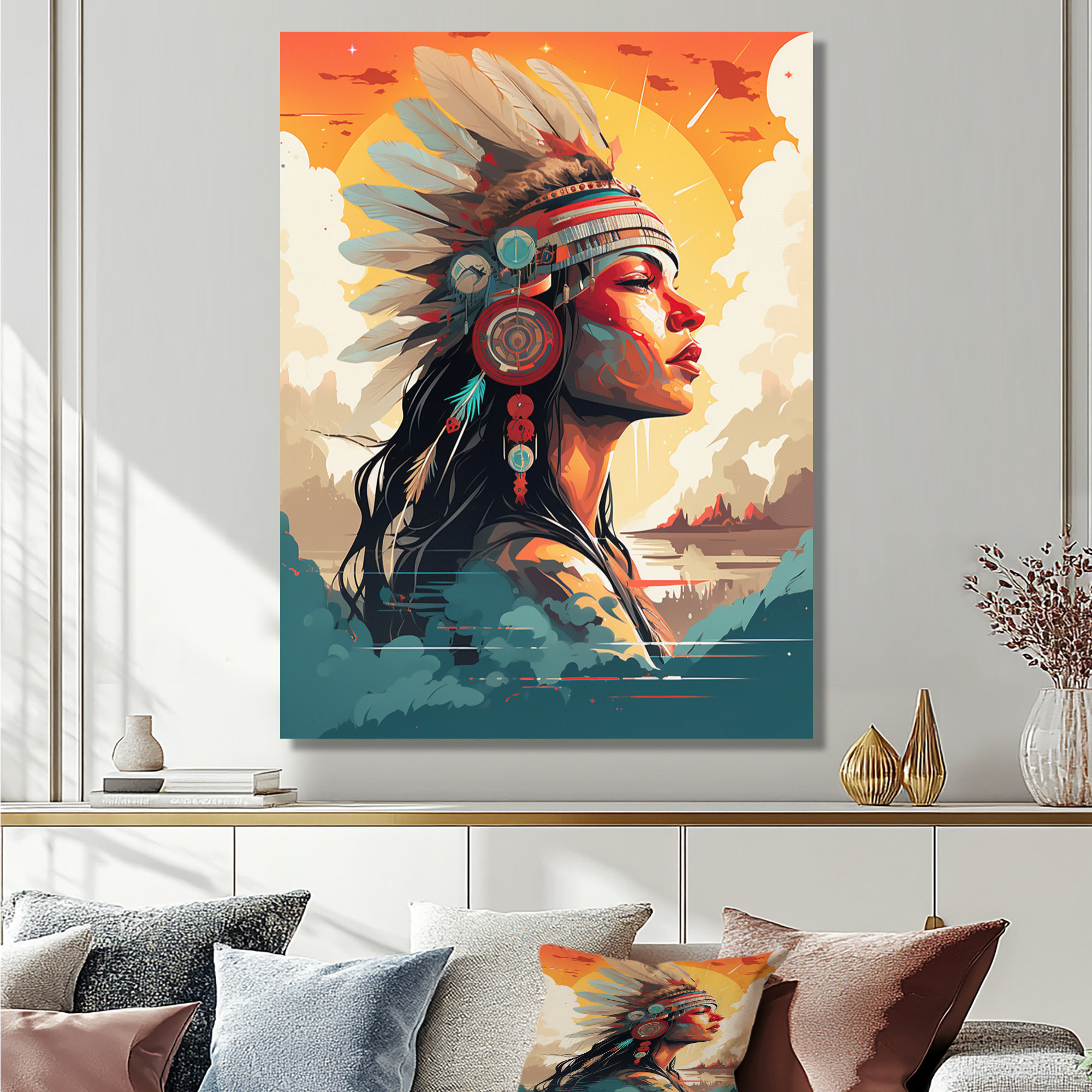 Design Art Tribal Beauty Feather Headdress Retro III - Native American ...