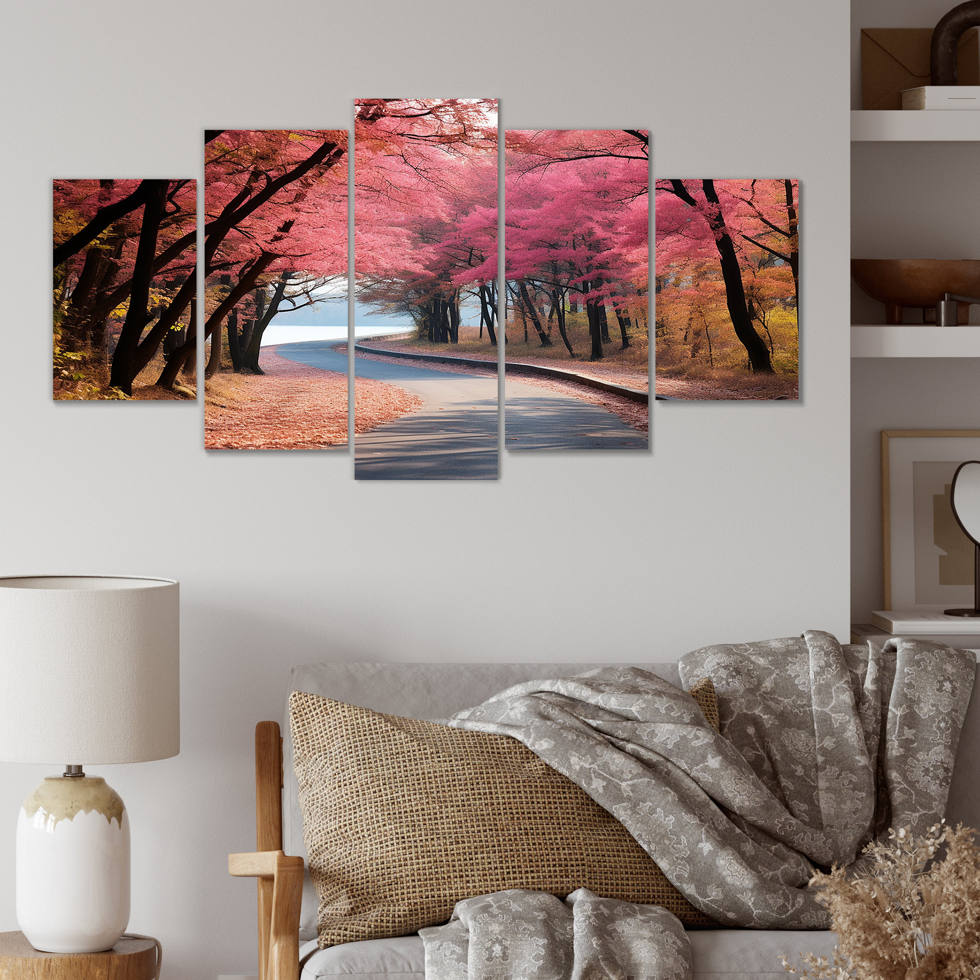 Millwood Pines Rosy Blooming Pathway Into The Forest III - Road Multipanel Wall Art Canvas | Wayfair