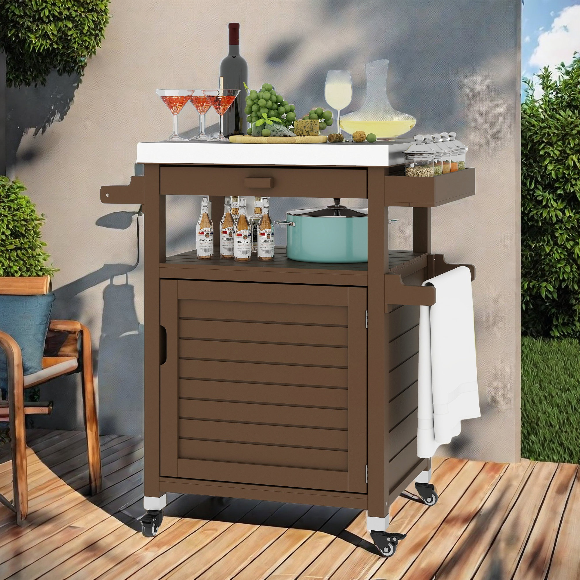 Ebern Designs Outdoor Storage Cabinet Wooden Movable Patio Table with ...