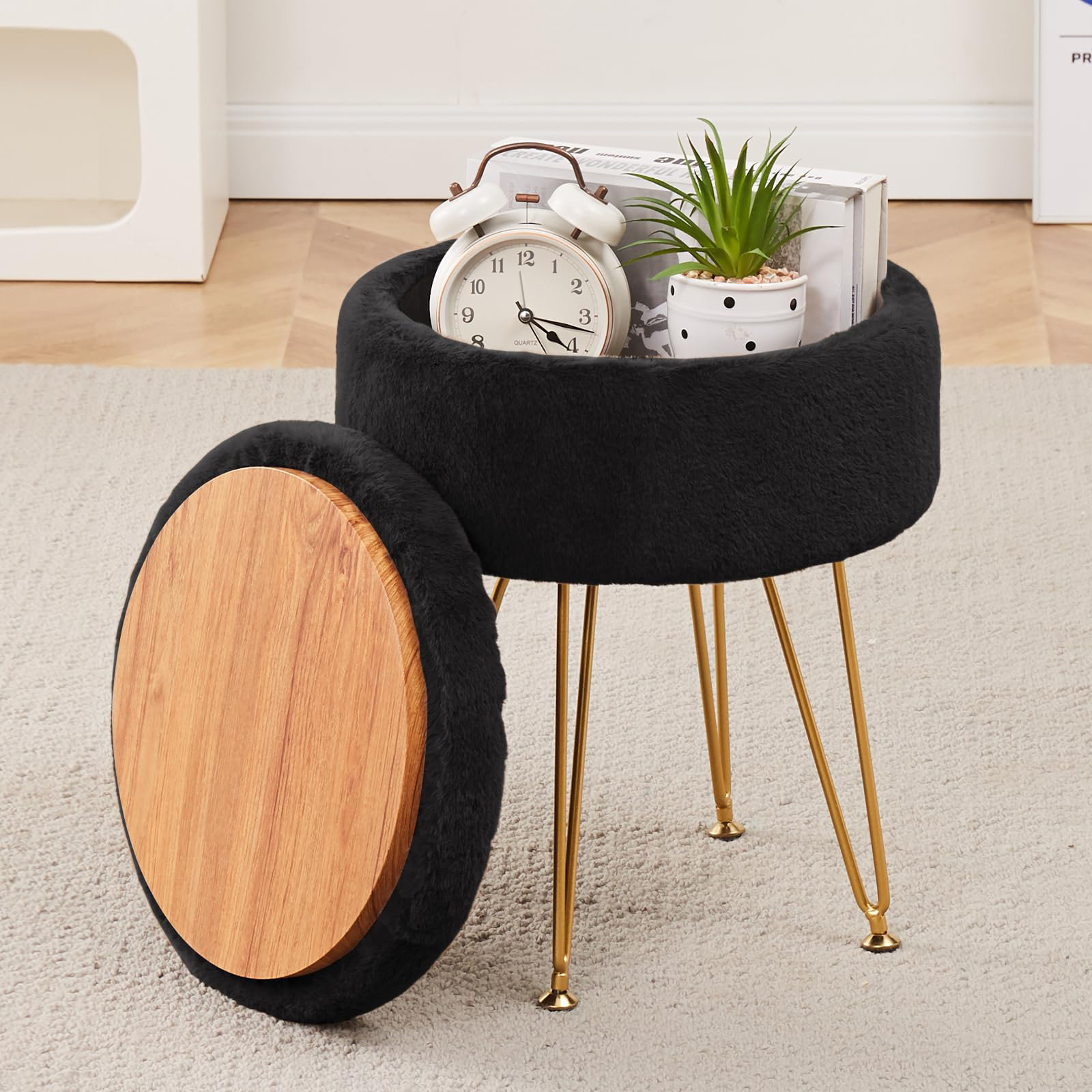Mercer41 Footrest Footstools Round Faux Fur Ottoman With Storage Space ...
