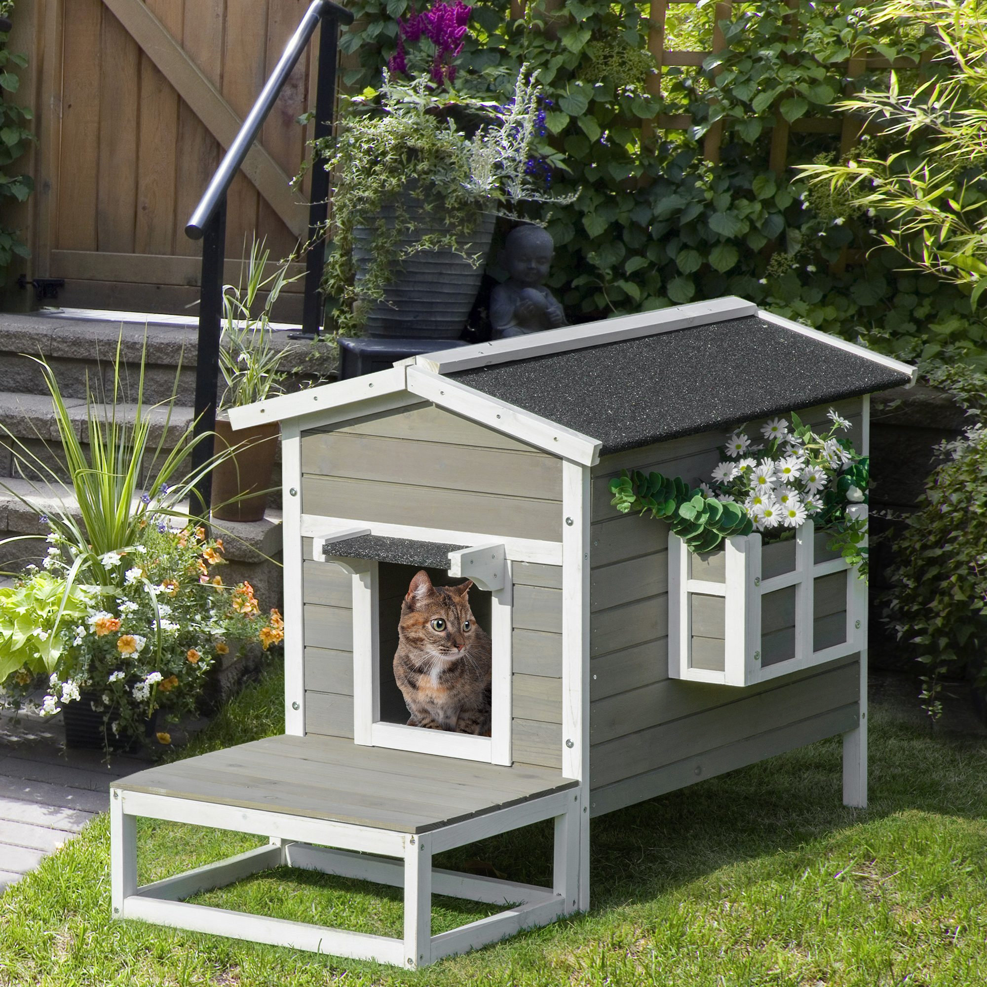 Latitude Run® PawHut Wooden Cat House Outdoor with Door, Weatherproof 2 ...