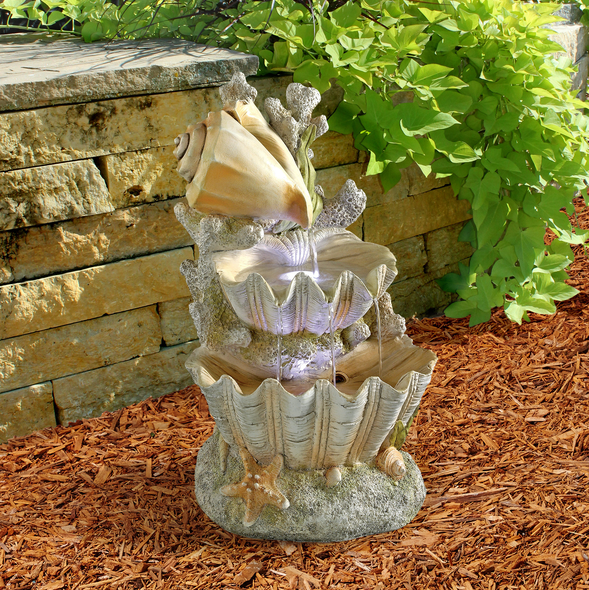 Highland Dunes Ocean's Bounty Shell Fountain with Lights & Reviews ...