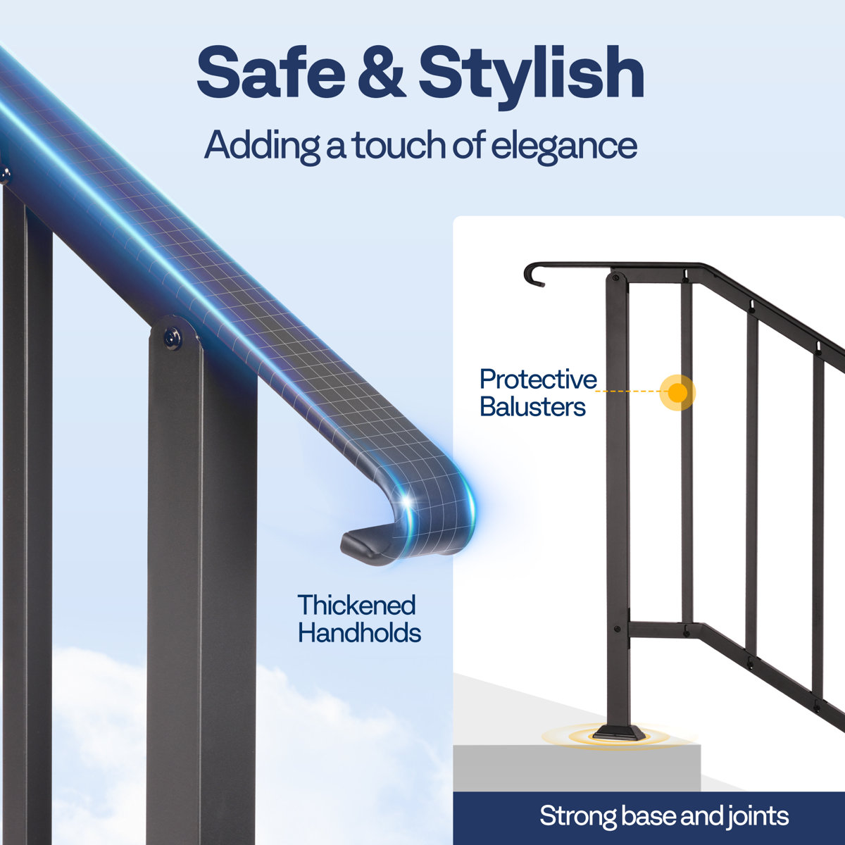 VIVOHOME Wrought Iron Curved Ends and Safty Balusters Exterior Hand ...